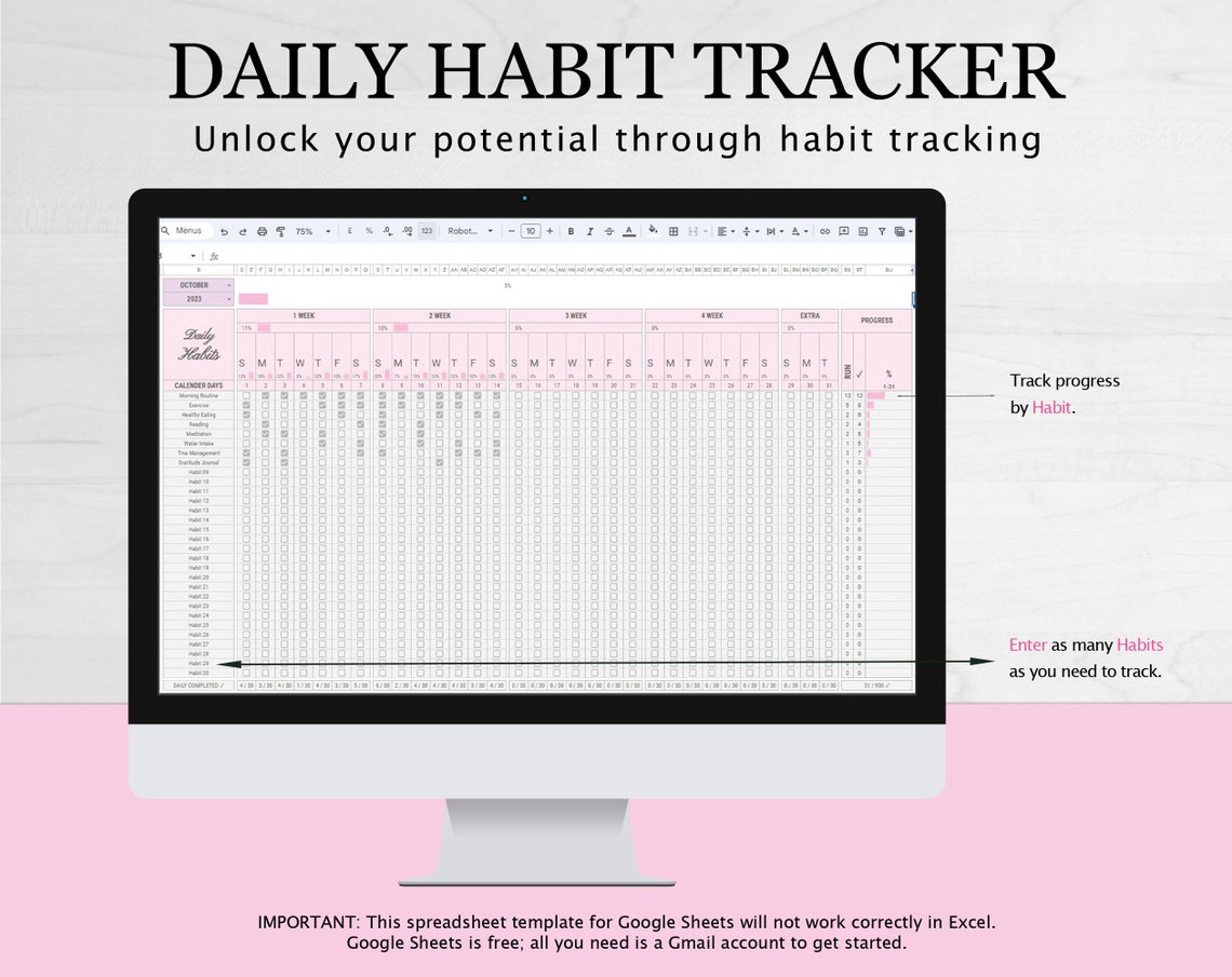 Habit Tracker Spreadsheet Template for Google Sheets, 2024 Habit ...