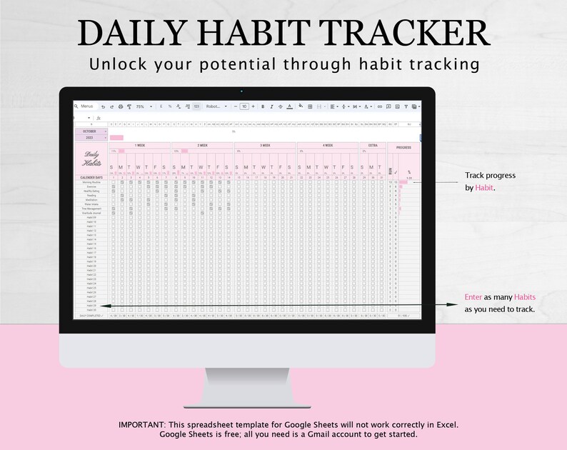 Habit Tracker Spreadsheet Template for Google Sheets, 2024 Habit ...