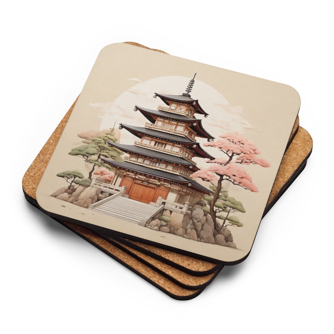 Japanese Temple Coaster, Beige Temple Cork-back Coaster Design ...