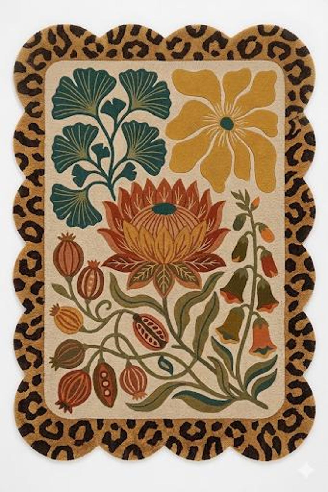 Handmade Scalloped Leopard Border Floral Rug - Colorful Botanical ...