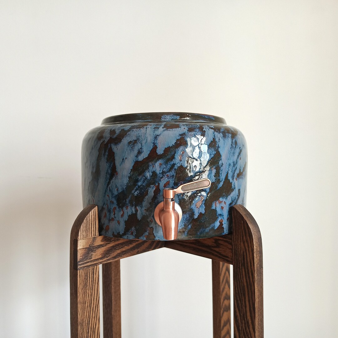 5 Gallon Bottle Ceramic Water Dispenser on Wood Stand in Blue Agate ...