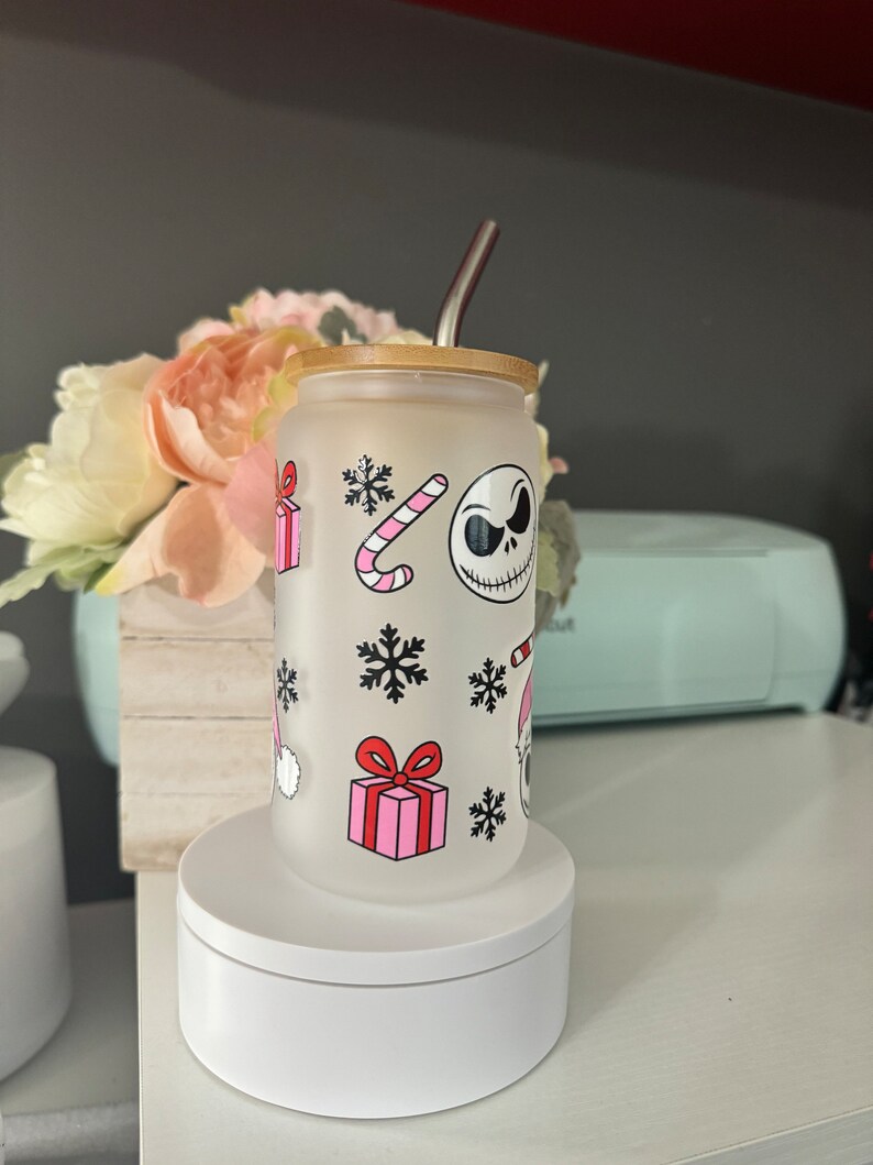 Pink Jack Skellington Frosted Glass Libby 16oz Uvdtf Design, Twas the ...