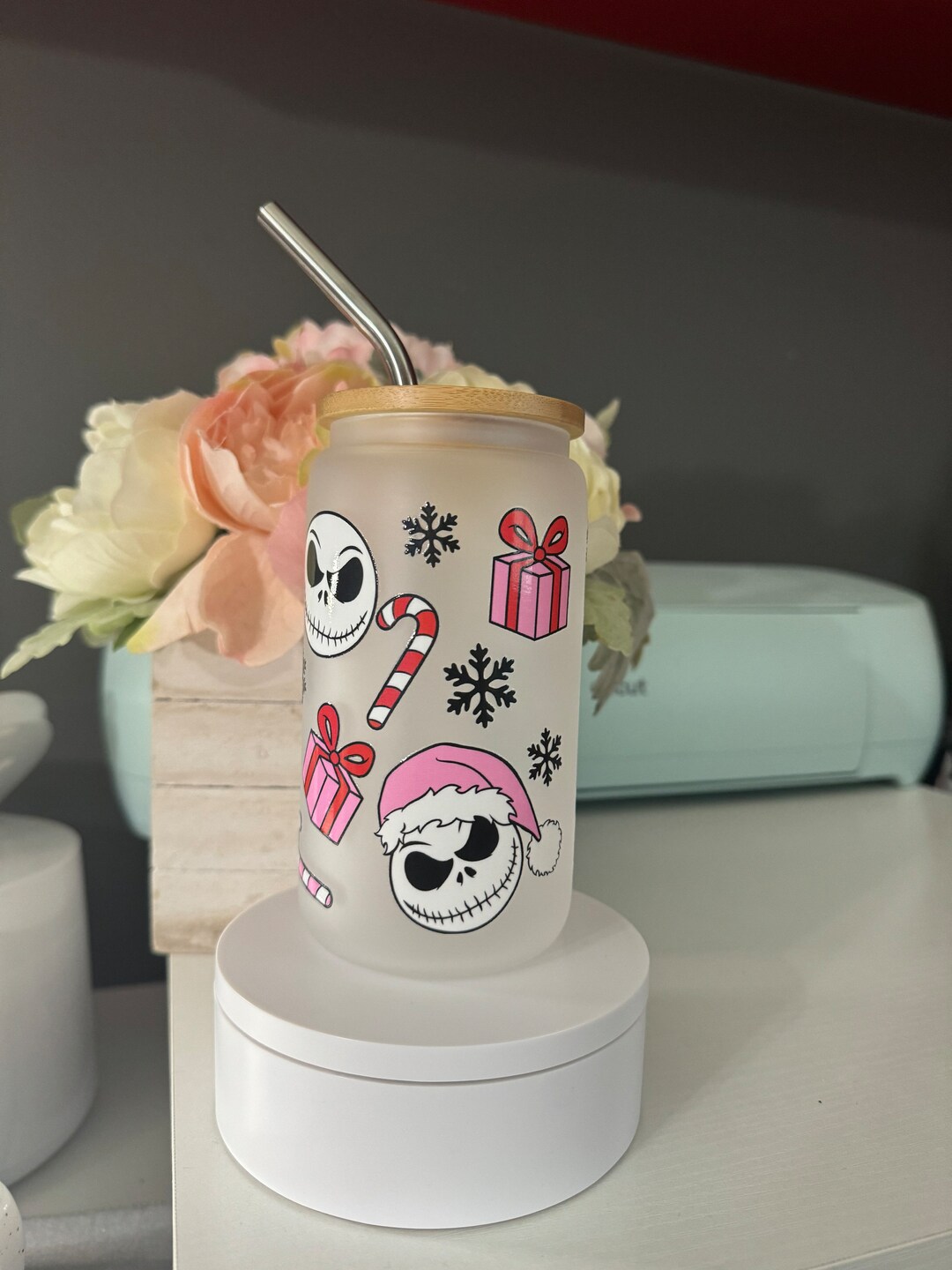 Pink Jack Skellington Frosted Glass Libby 16oz Uvdtf Design, Twas the ...