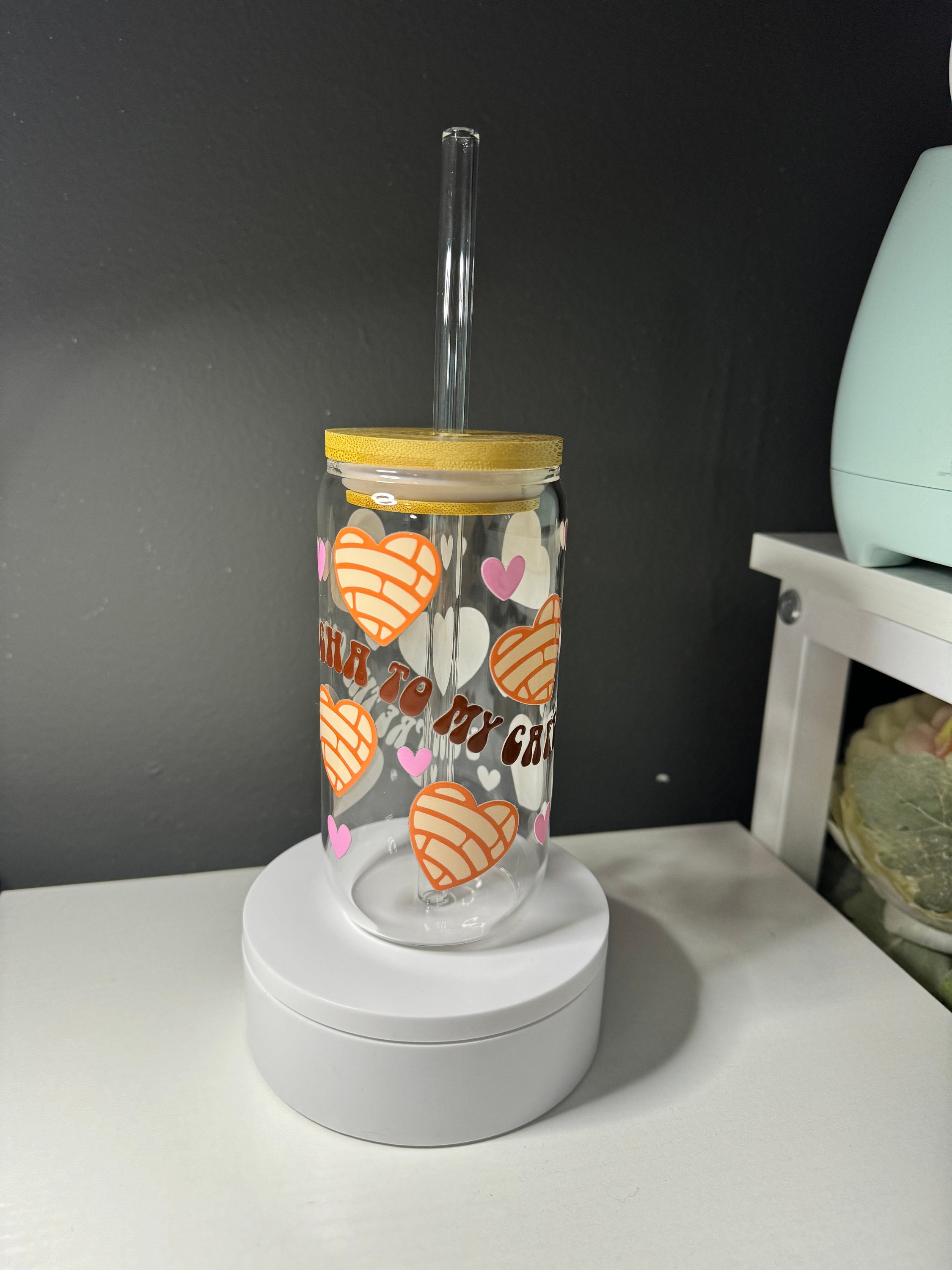 Concha to My Cafecito Glass Libby 16oz Uvdtf Design, Valentines Day, Pan Dulce, Concha Heart ...