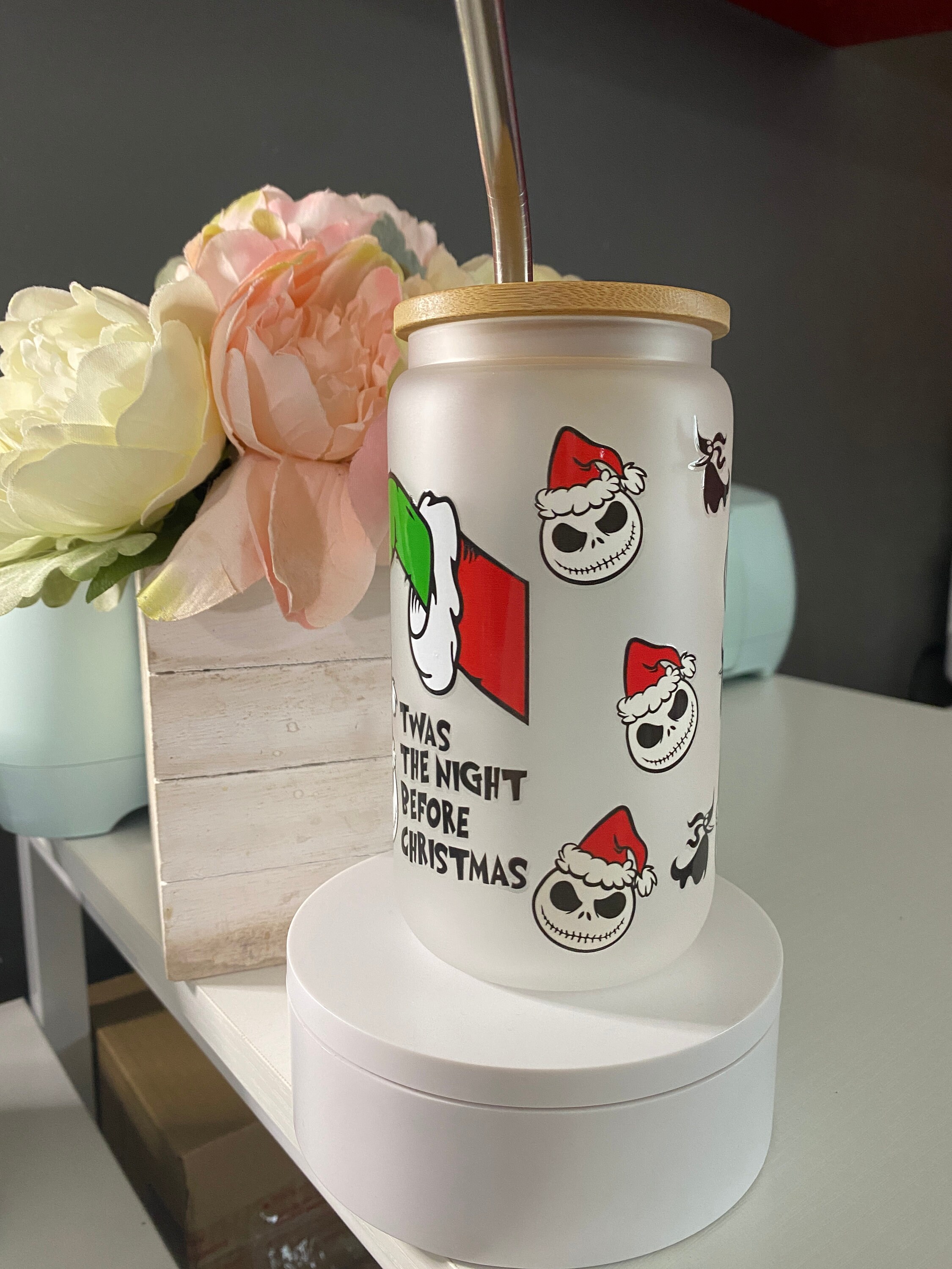 Grinch Jack Skellington Frosted Glass Libby 16oz Uvdtf Design, Grinch ...