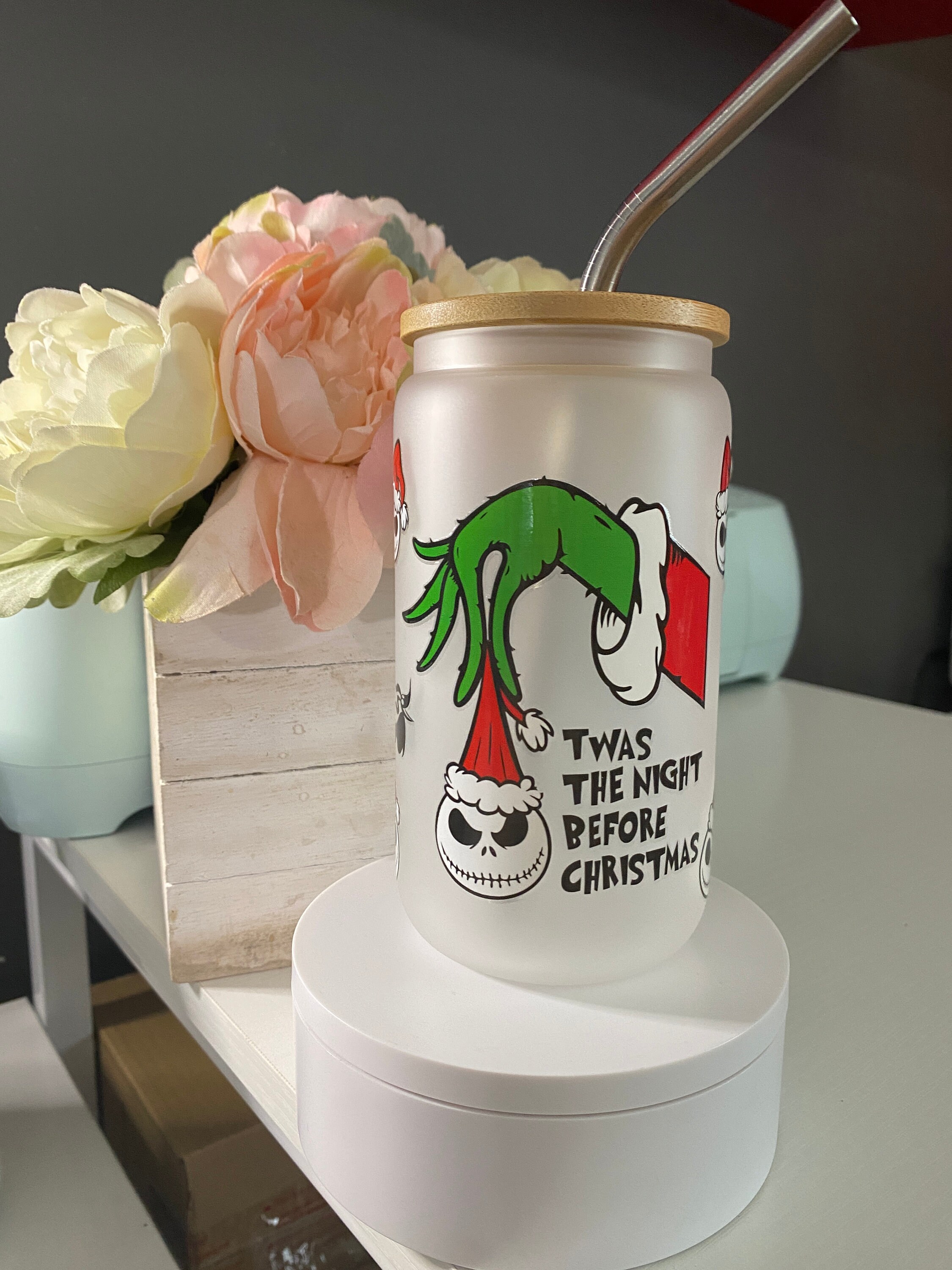 Grinch Jack Skellington Frosted Glass Libby 16oz Uvdtf Design, Grinch ...