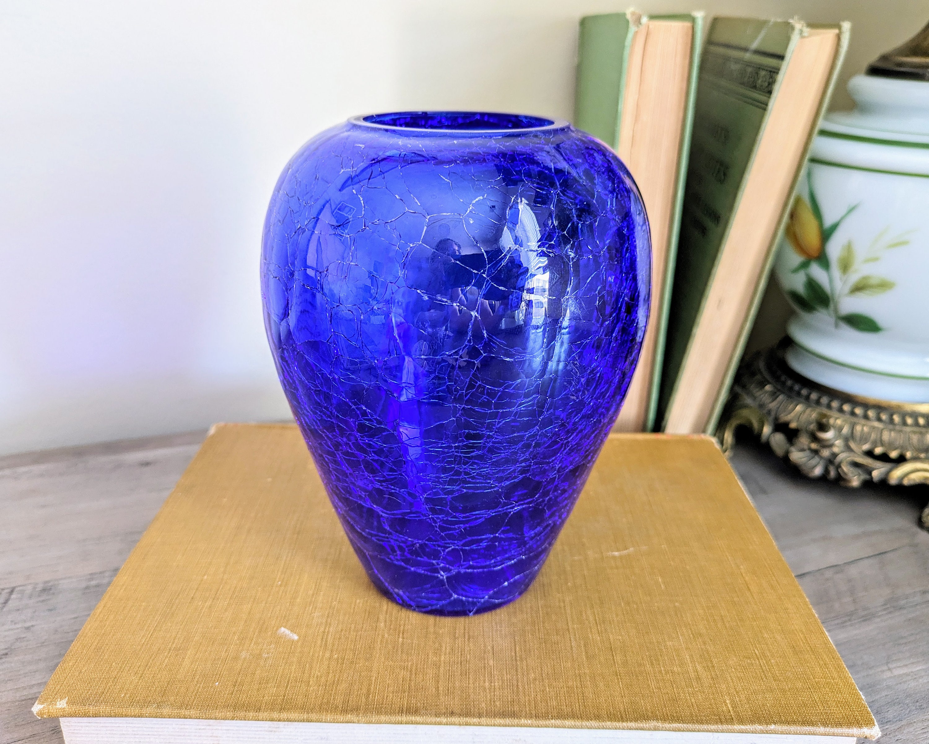 Vintage Pilgrim Glass Cobalt Blue Crackle Glass Urn Vase, 1950's - Etsy