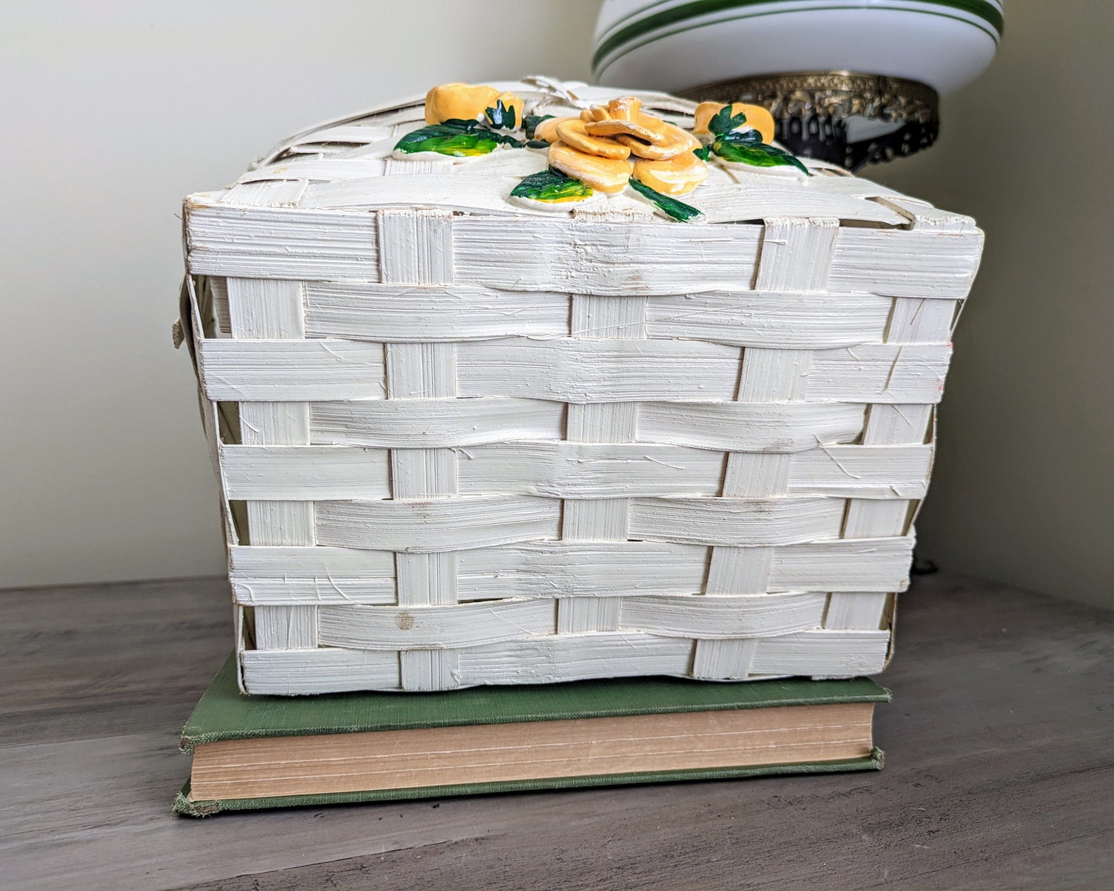 Mid-century Splint Weave White Handled Basket With Yellow Rose ...