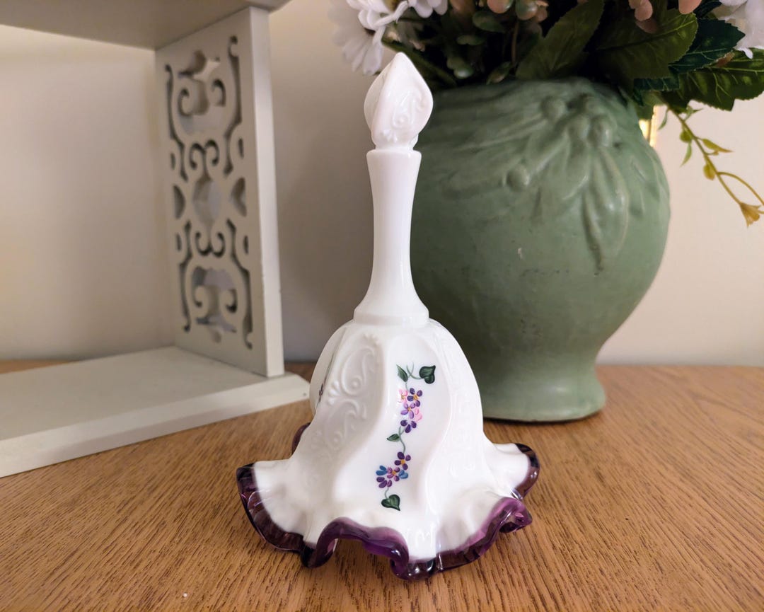 Fenton White Plum Crest Hand Painted Lilacs Bell, Signed Beverly ...