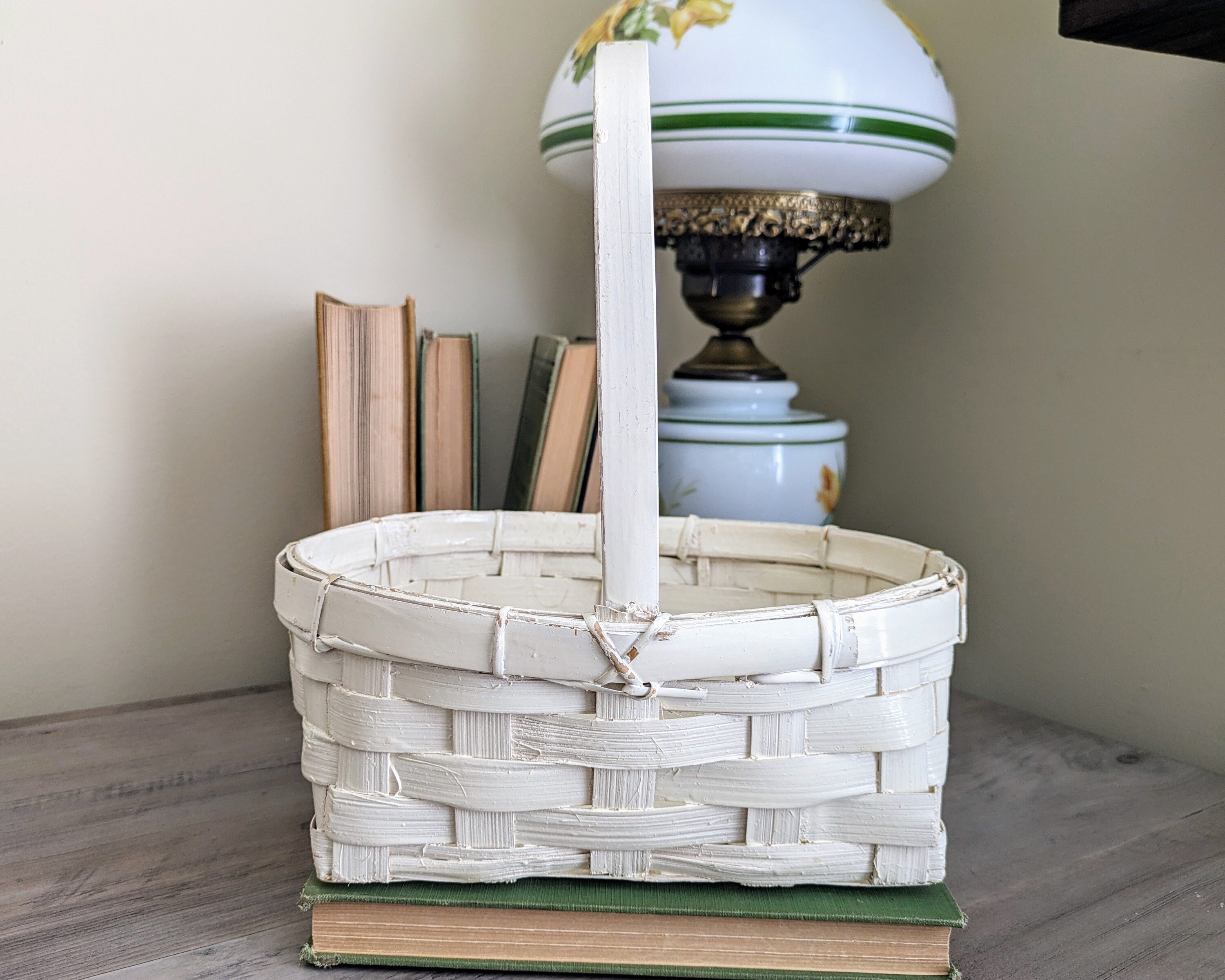 Mid-century Splint Weave White Handled Basket With Yellow Rose ...