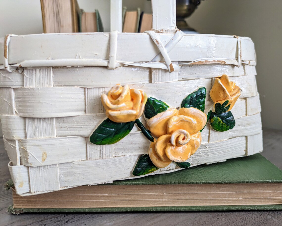 Mid-century Splint Weave White Handled Basket With Yellow Rose ...