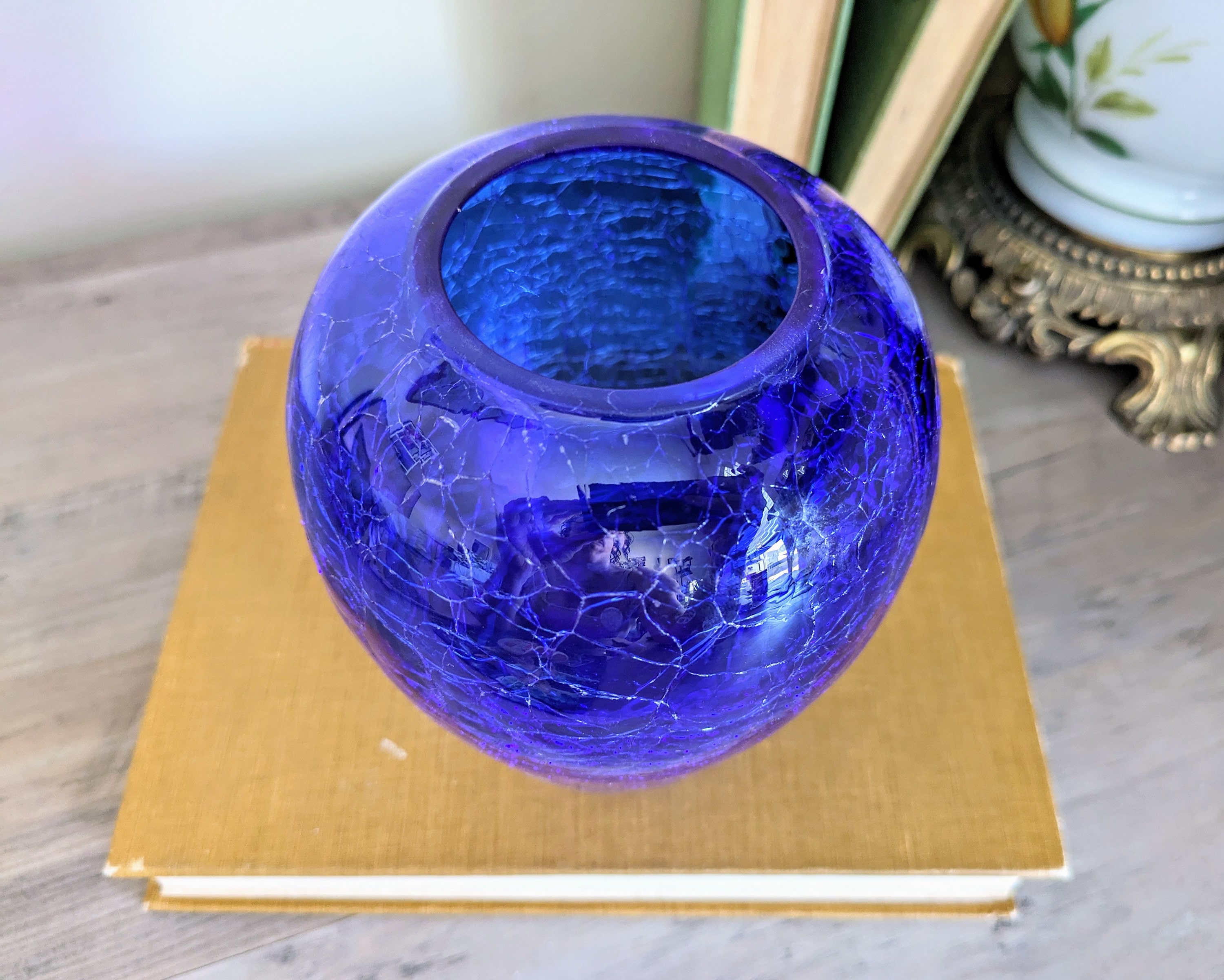 Vintage Pilgrim Glass Cobalt Blue Crackle Glass Urn Vase, 1950's - Etsy
