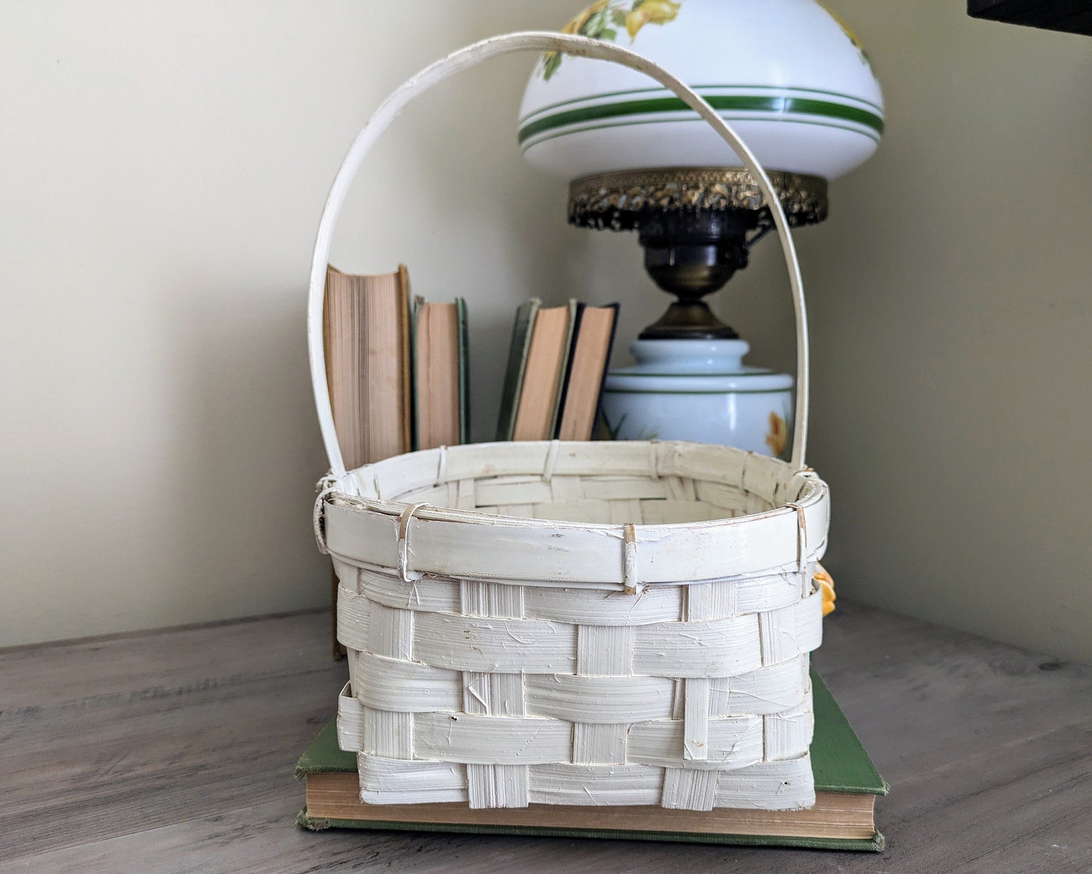 Mid-century Splint Weave White Handled Basket With Yellow Rose ...