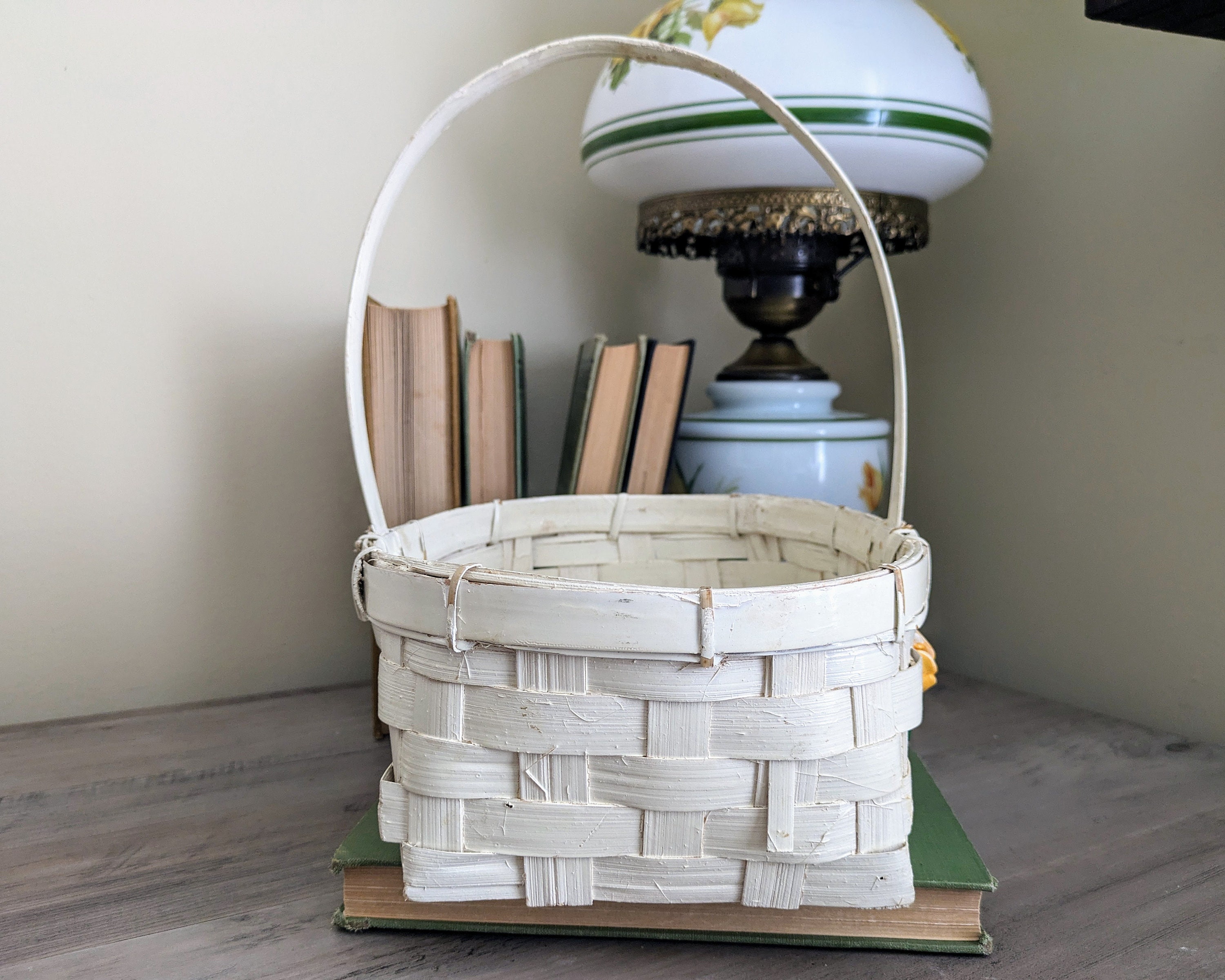 Mid-century Splint Weave White Handled Basket With Yellow Rose ...