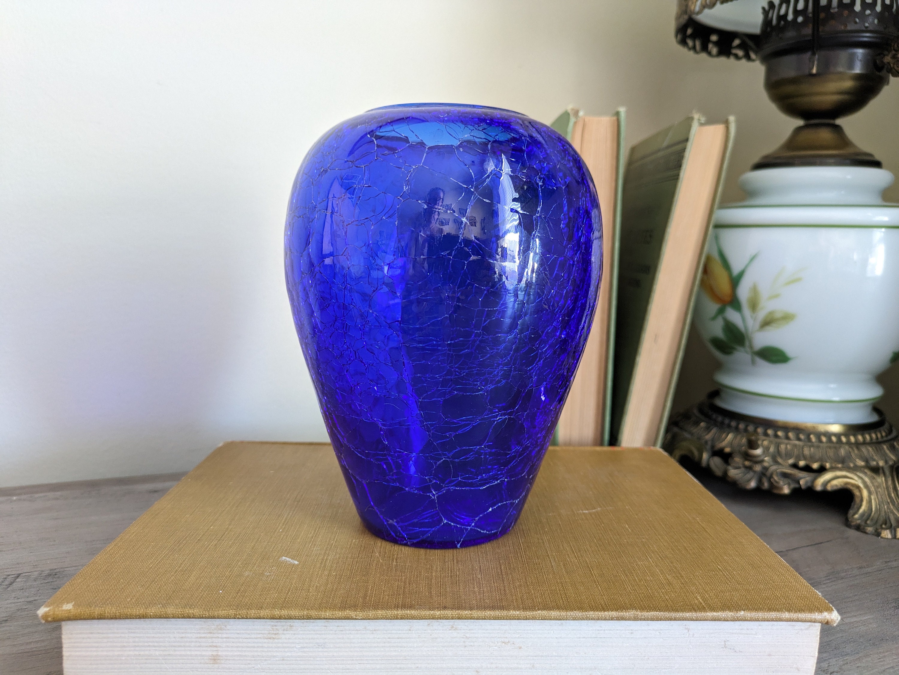 Vintage Pilgrim Glass Cobalt Blue Crackle Glass Urn Vase, 1950's - Etsy