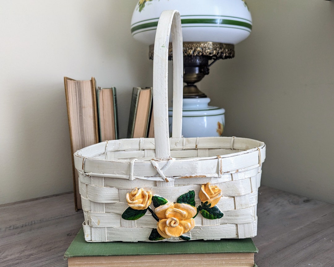 Mid-century Splint Weave White Handled Basket With Yellow Rose ...