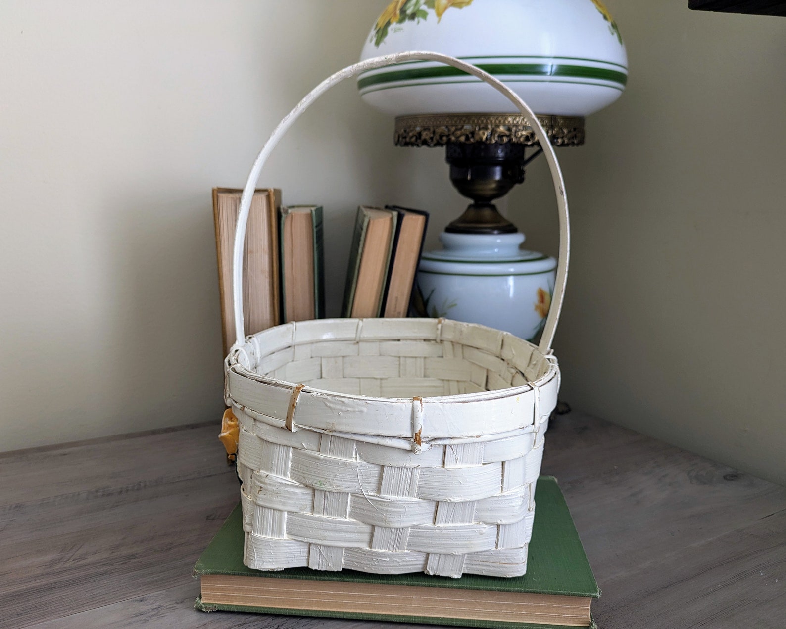Mid-century Splint Weave White Handled Basket With Yellow Rose ...