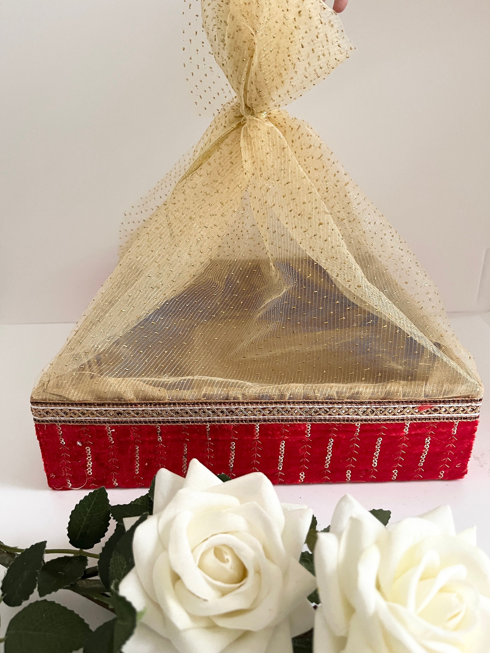 2 Set Red Gold Net Gift Hamper Basket,wedding Tray,henna Cones Tray ...