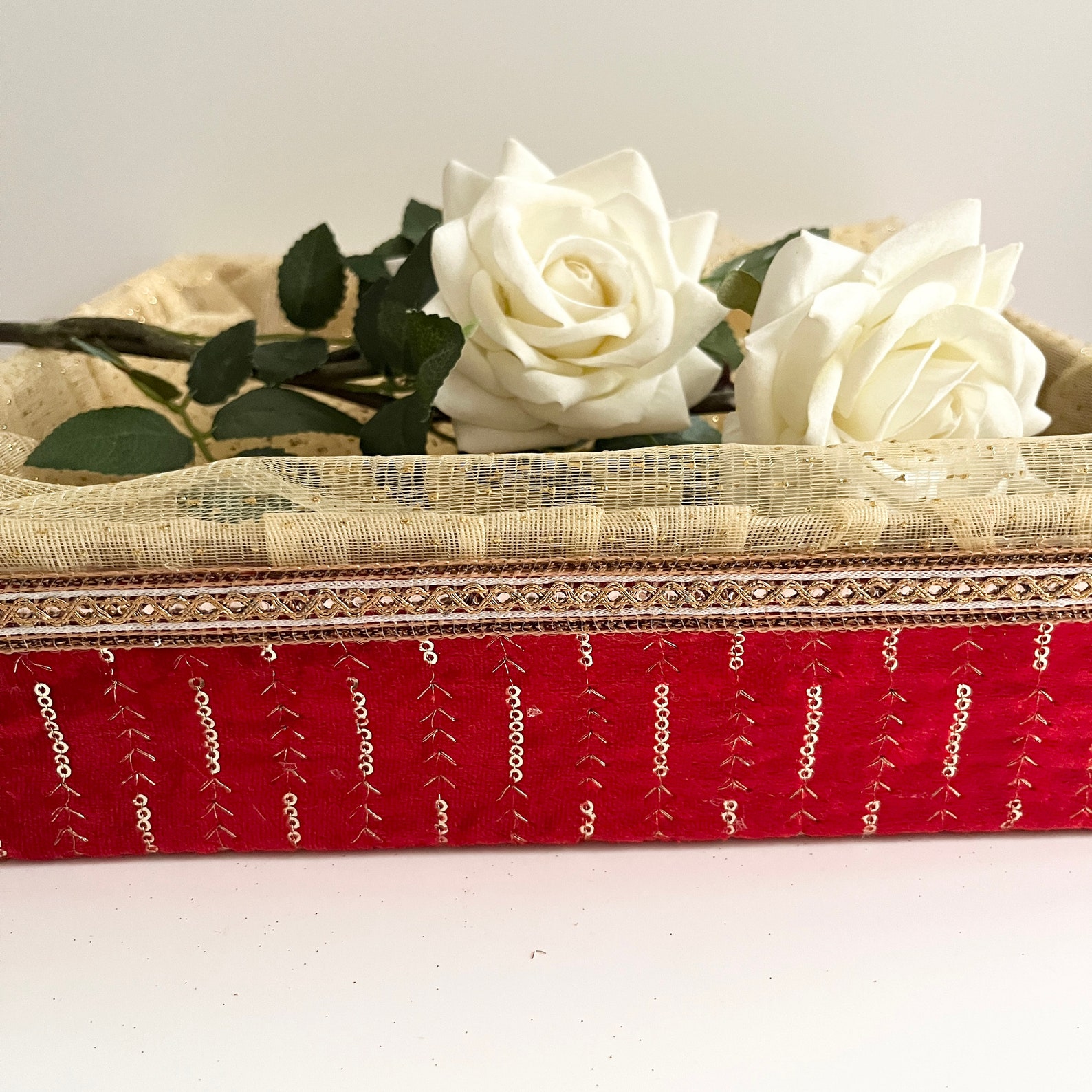 2 Set Red Gold Net Gift Hamper Basket,wedding Tray,henna Cones Tray ...