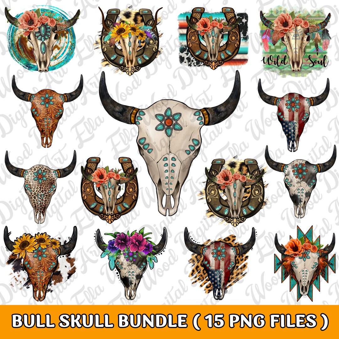 Bull Skull Bundle Png Sublimation Design Download, Western Bull Skull ...