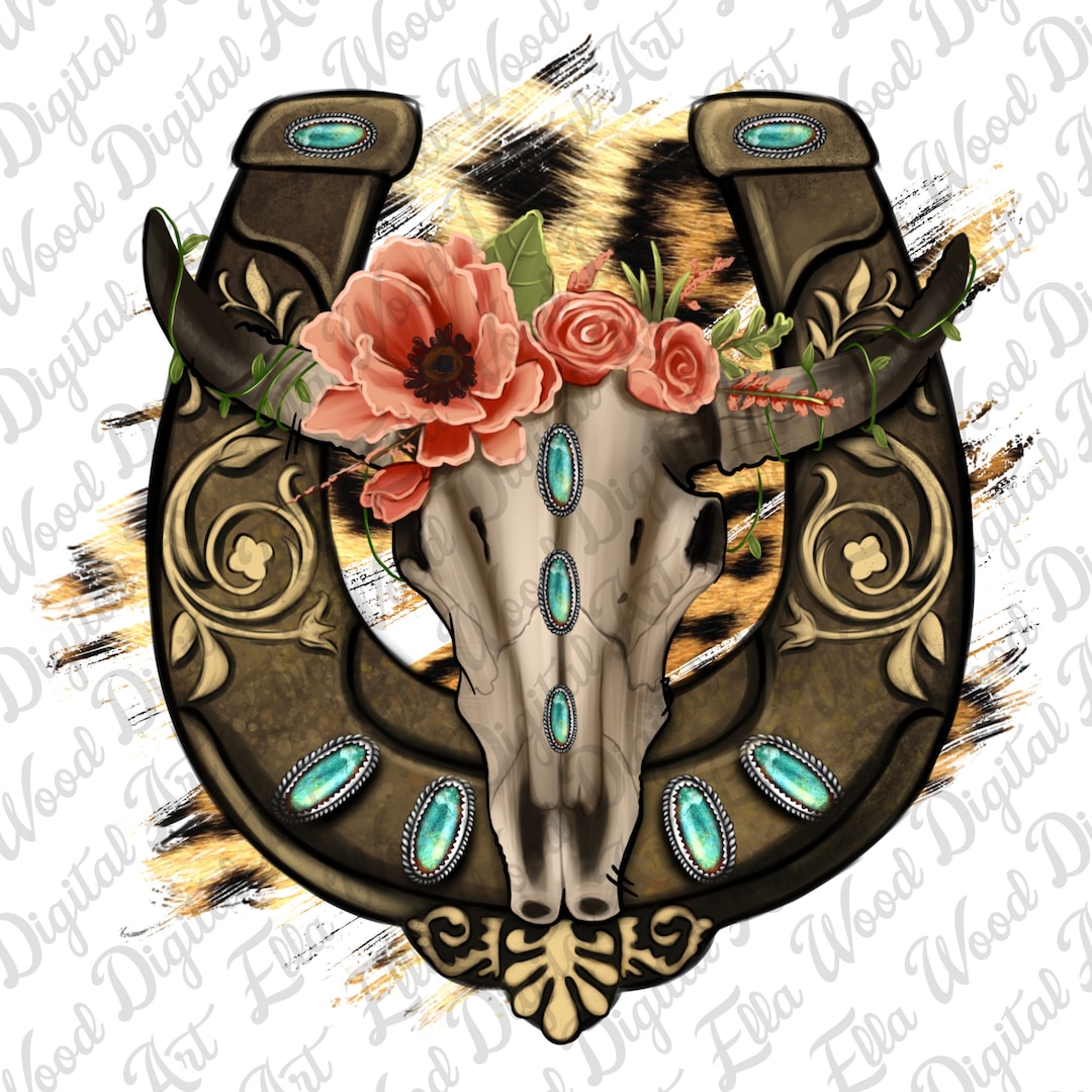 Floral Bull Skull With Horseshoe Png Sublimation Design Download ...