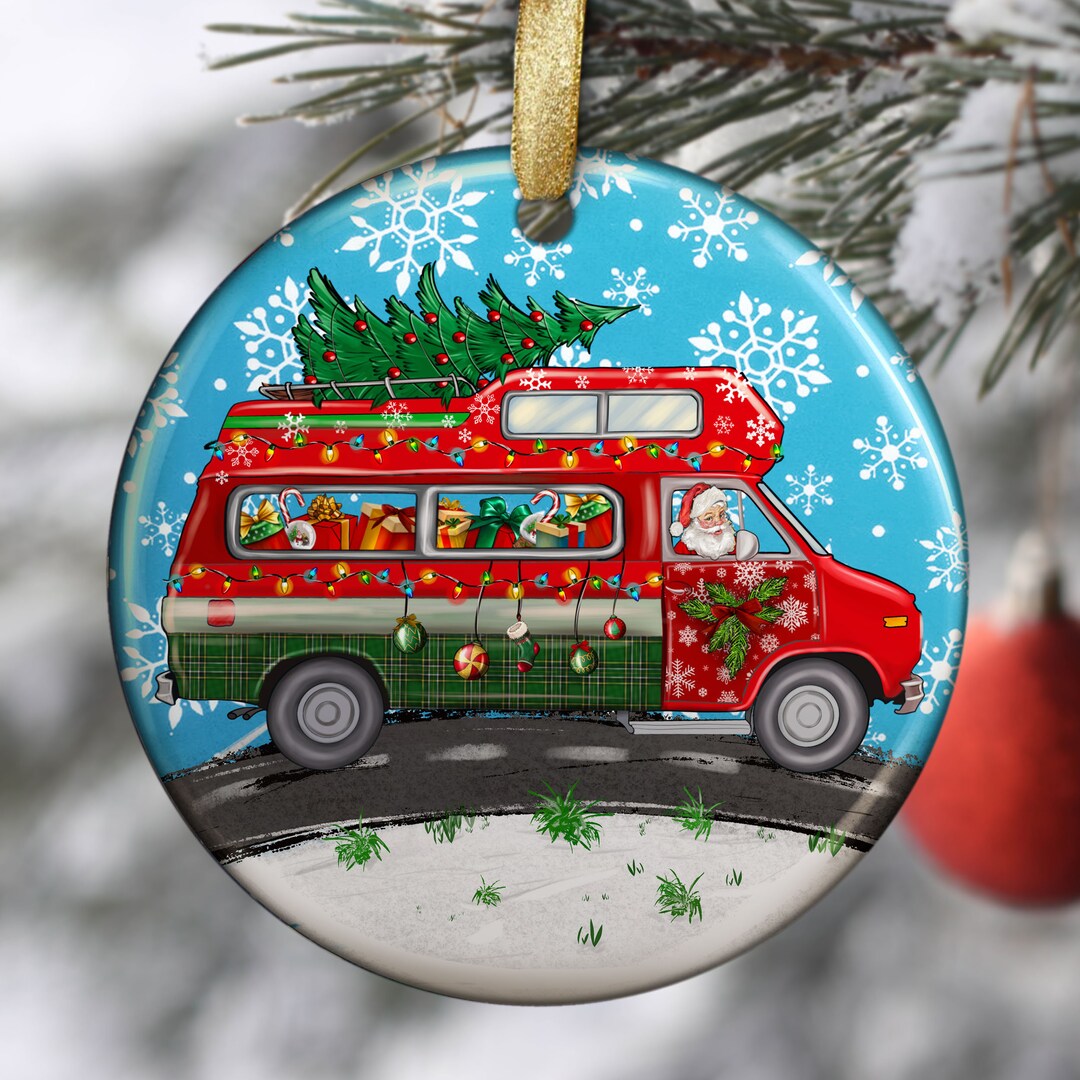 Santa Claus With Retro Van Christmas Ornament Png Sublimation Design ...