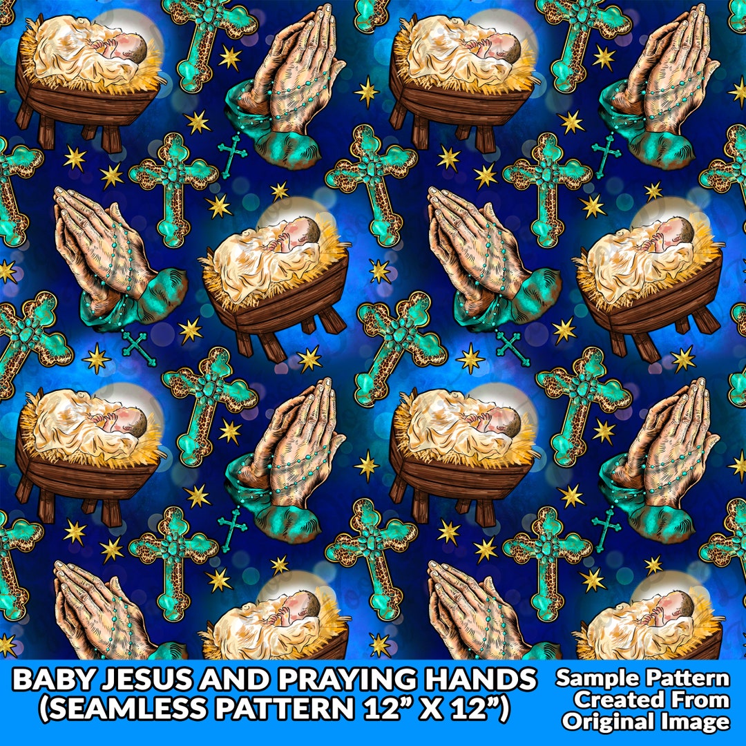 Baby Jesus and Praying Hands Seamless Pattern Digital Paper, Christian ...