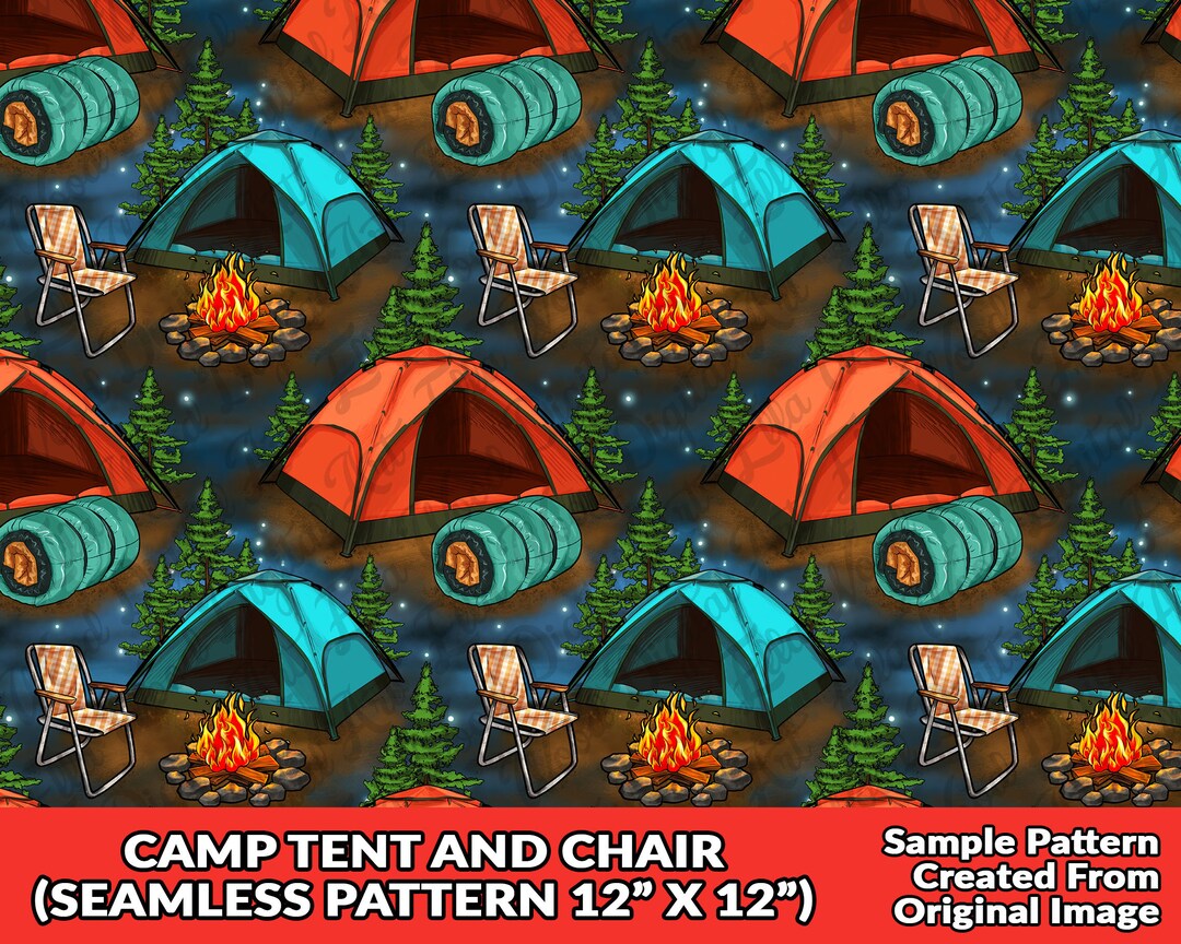 Camp Tent and Chair Seamless Pattern Digital Paper, Camping Digital ...