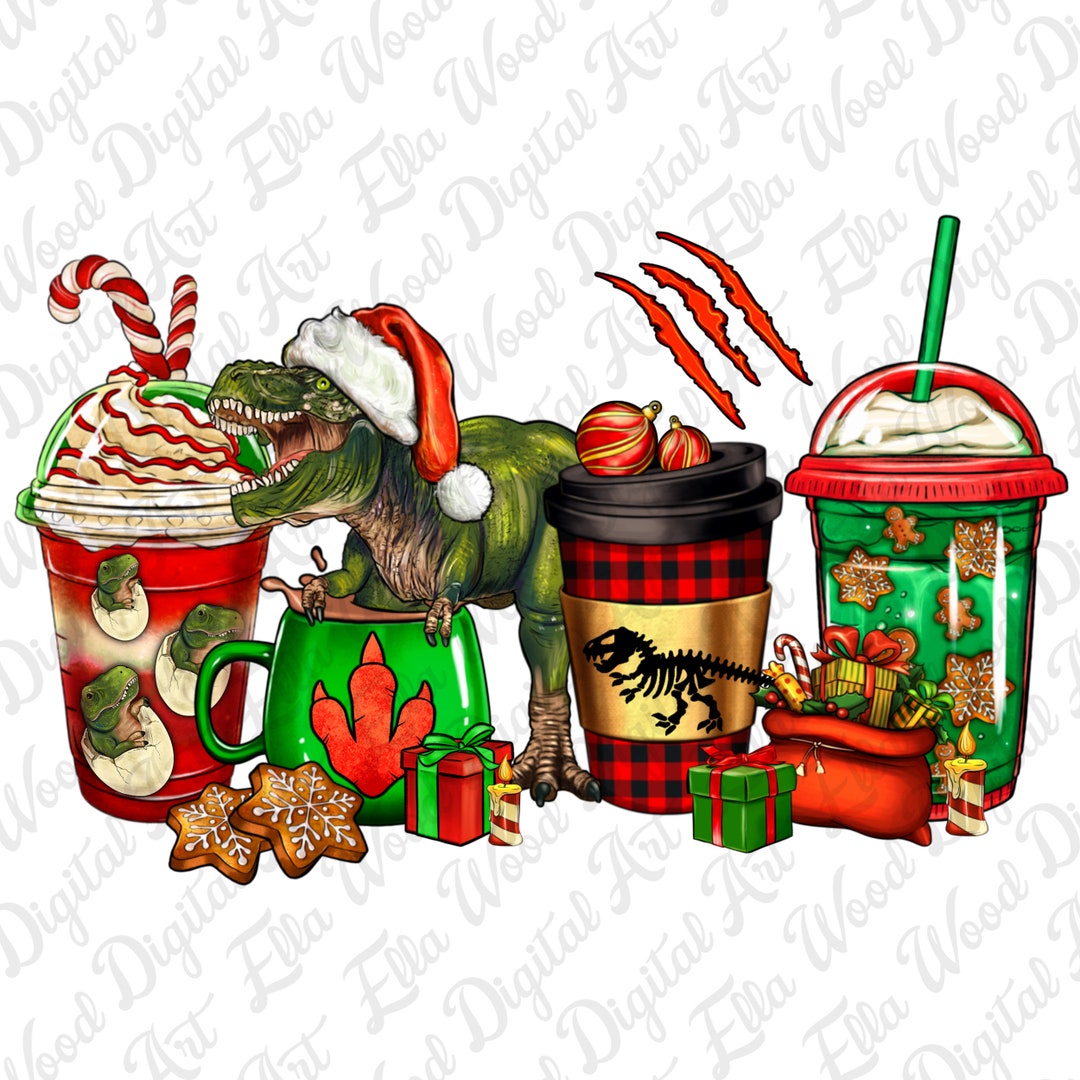 Christmas T-rex Coffee Cups Png Sublimation Design Download, Coffee ...