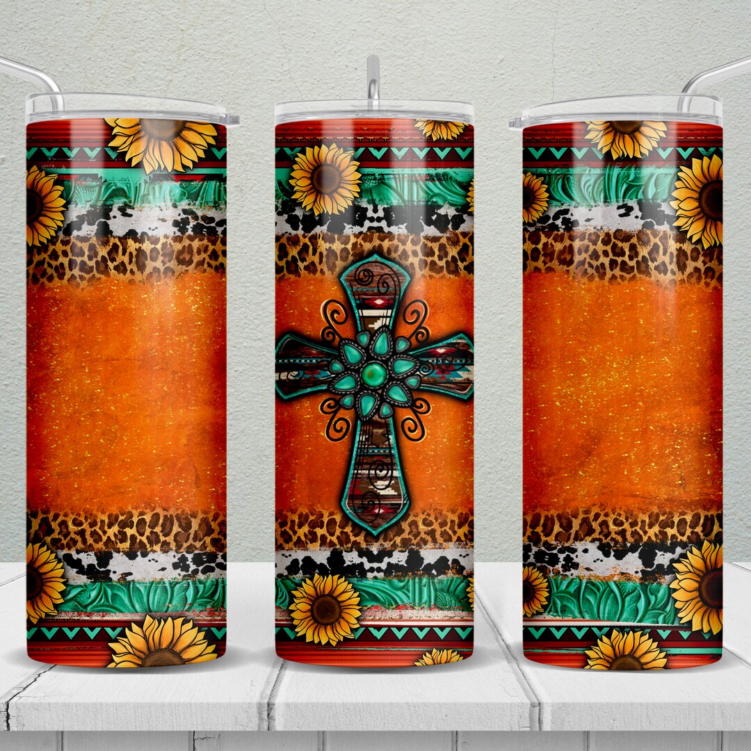 Sunflowers Cross With Aztec 20 Oz Skinny Tumbler Png, Christian Tumbler ...