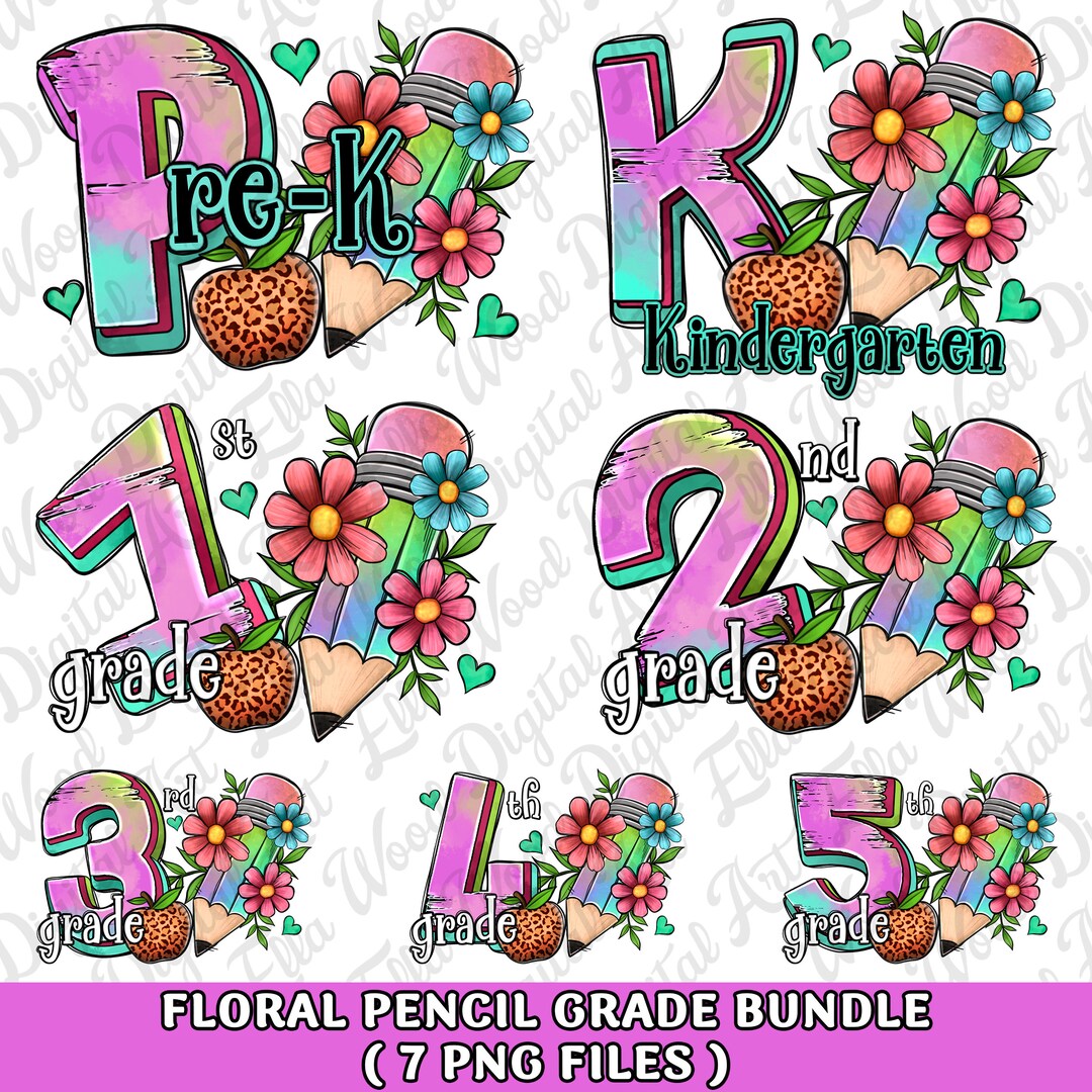 Floral Pencil Grade Png Sublimation Design Bundle, Back to School Png ...