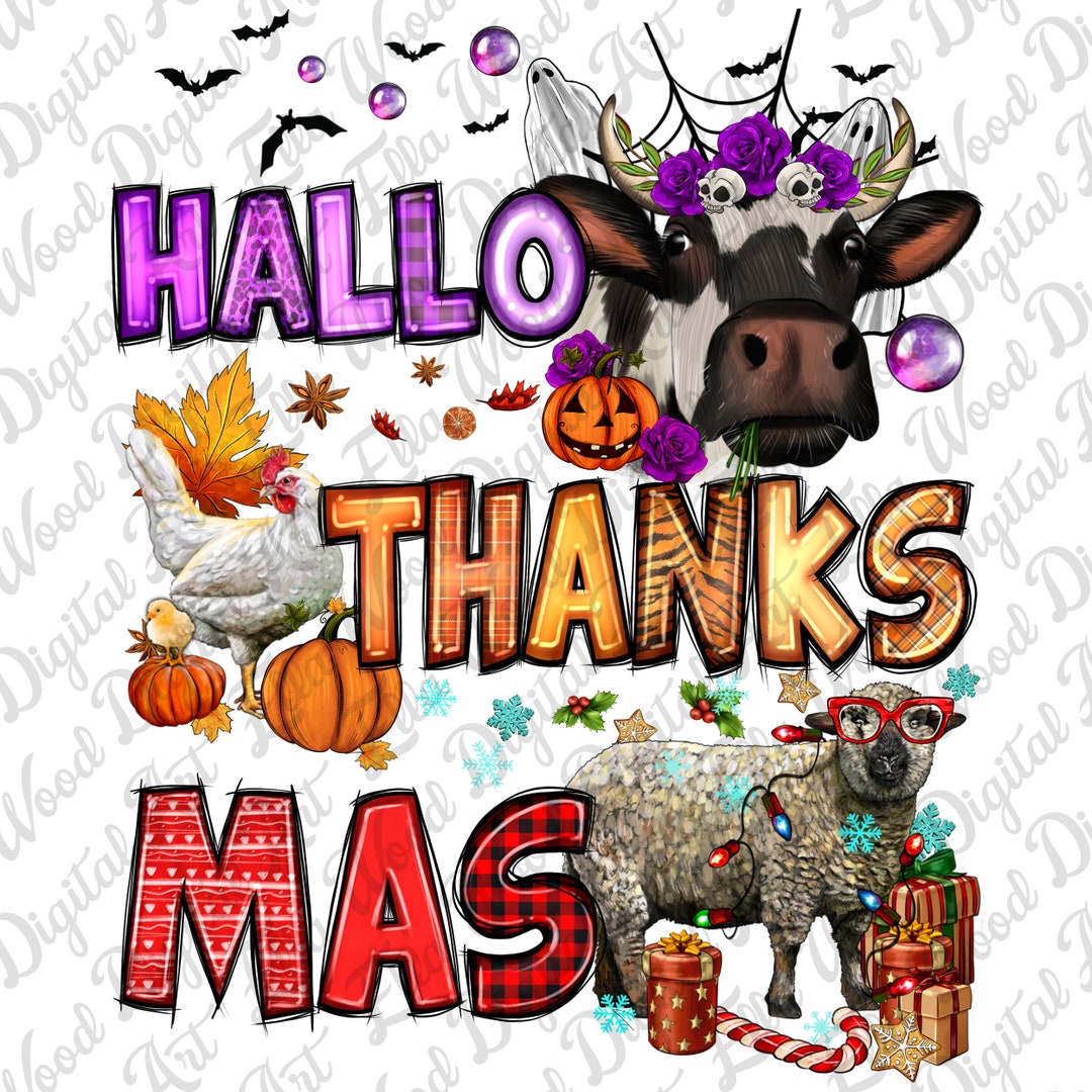 Hallothanksmas Cow Chicken Sheep Png Sublimation Design Download ...