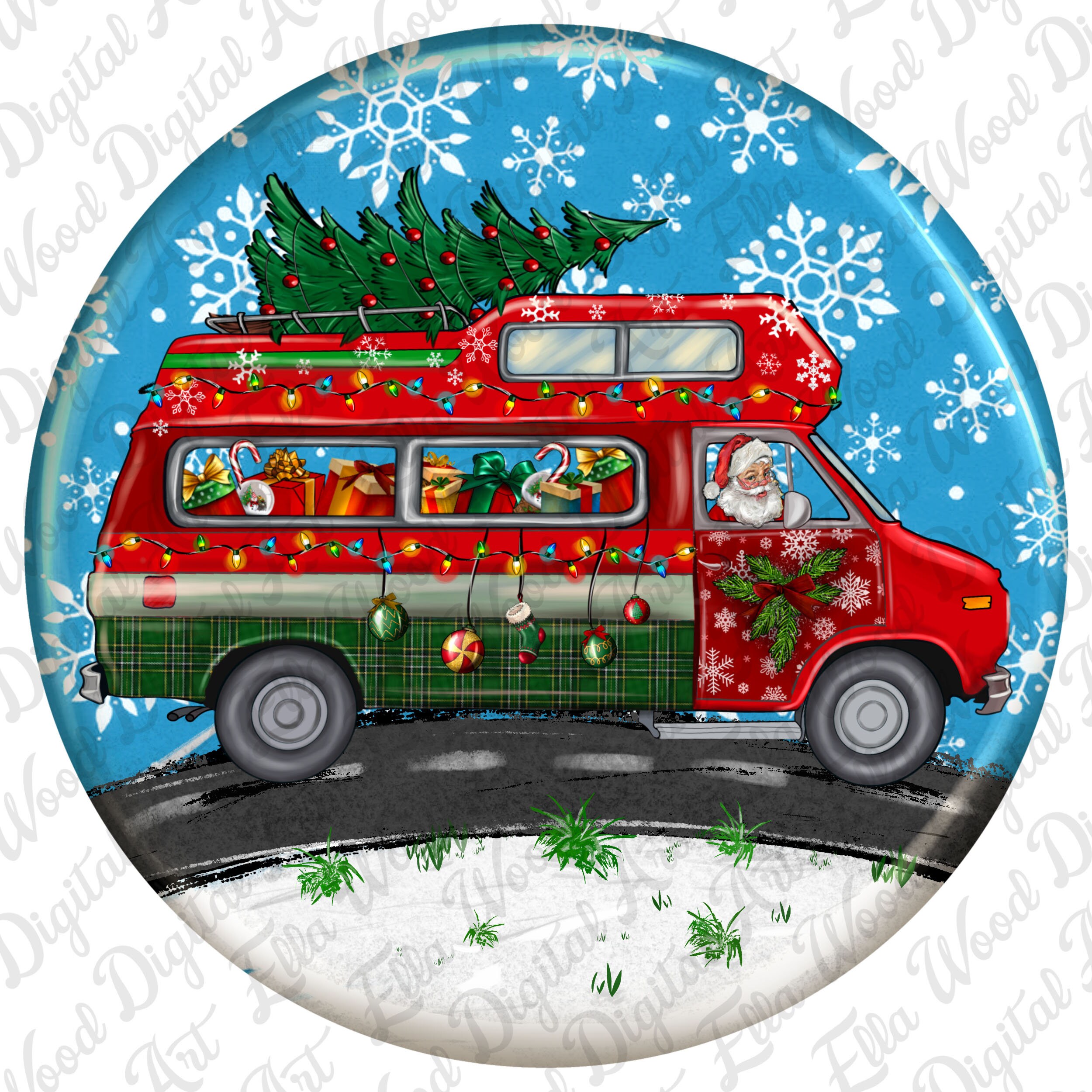 Santa Claus With Retro Van Christmas Ornament Png Sublimation Design ...