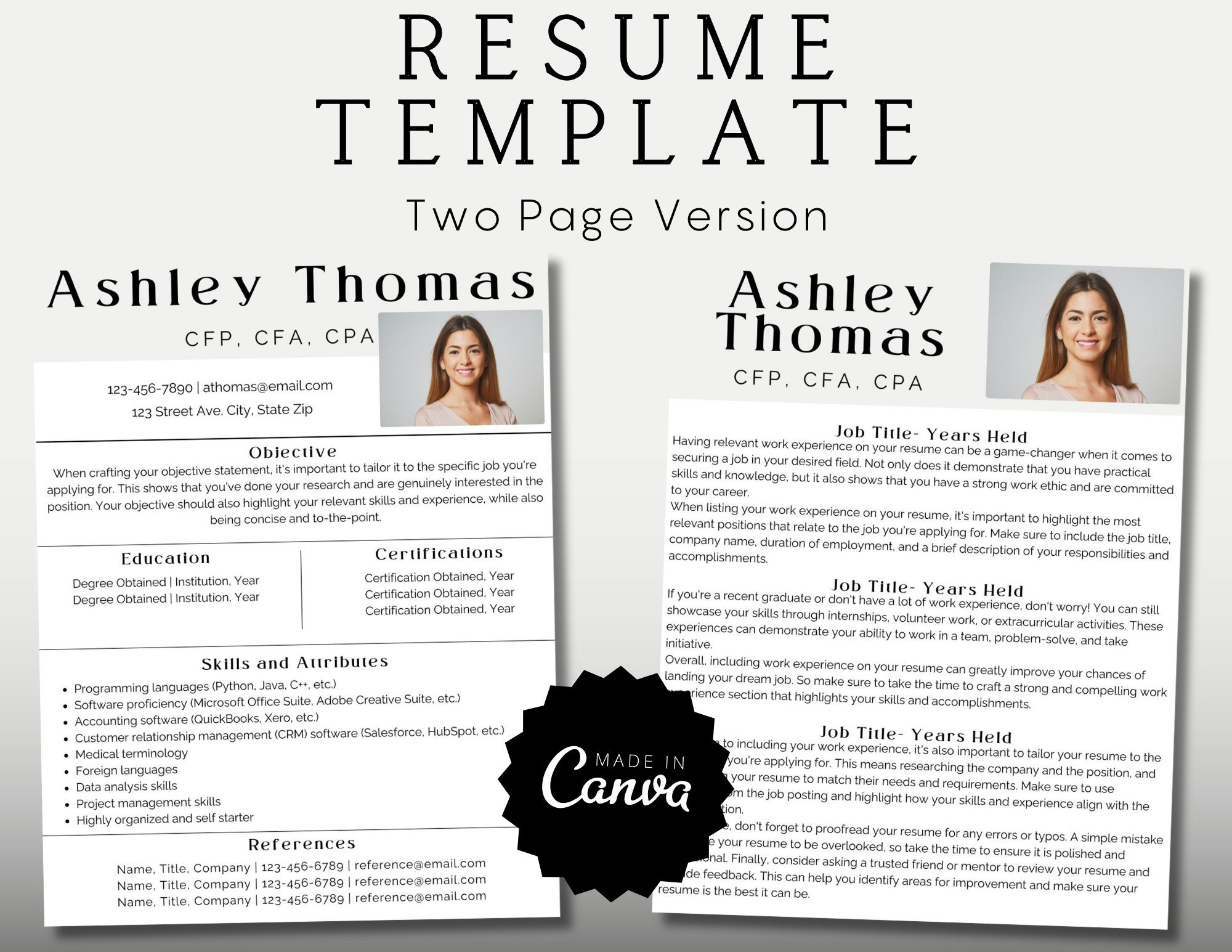 Two Page Resume Template Canva | Resume Template With Photo ...
