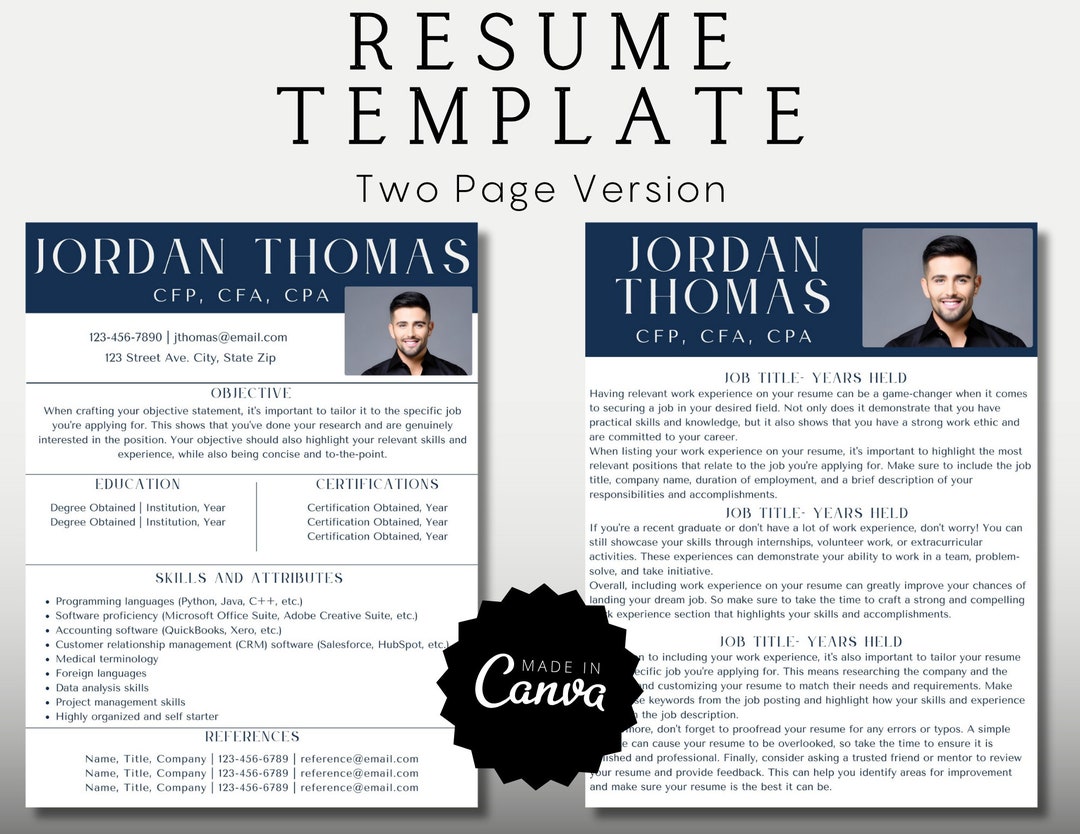 Two Page Resume Template Canva | Resume Template With Photo ...