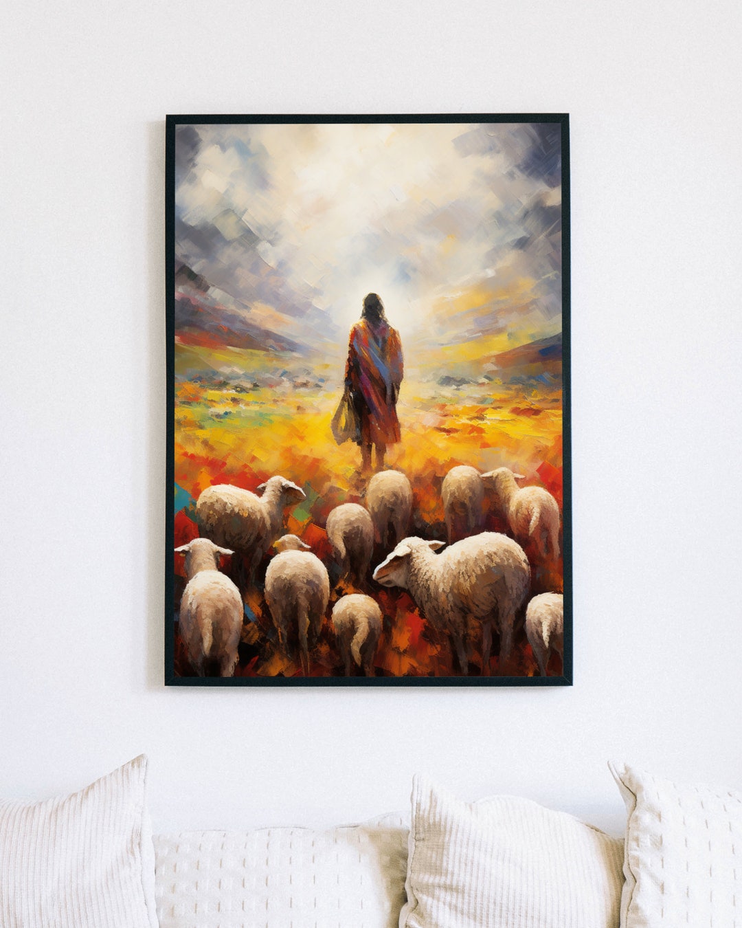 Jesus and Sheep Art in a Yellow Field Religious Painting Colorful ...