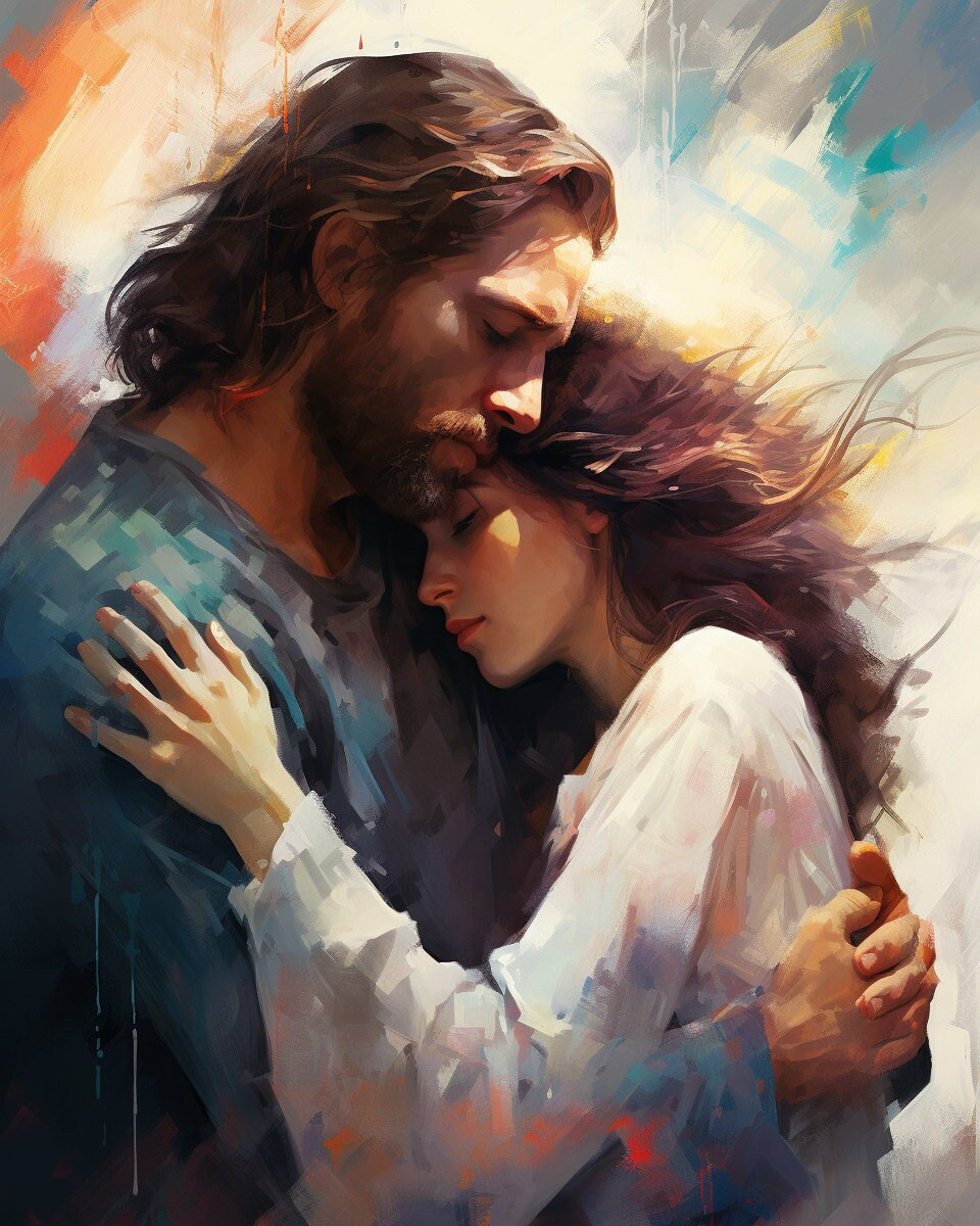 Jesus Hugging Girl Painting of Christ Abstract Lds Art for Large Wall ...