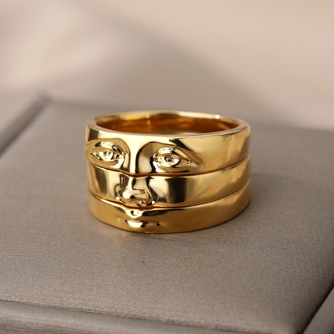 Gold Stacked Face Ring 18k Gold Stackable Ring Layered Gold - Etsy