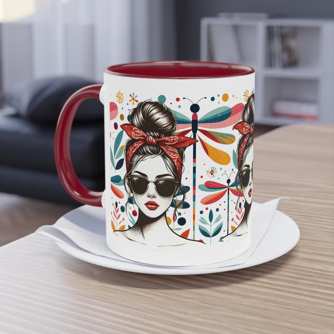 Colorful Mug With Messy Hair Bun Mom and Dragonflies, Sunglasses, Two ...