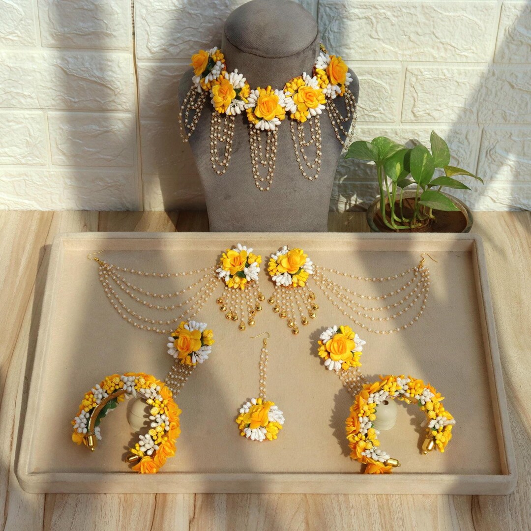 Haldi Floral Jewelry Yellow White Floral Jewelry Bridal Floral Jewelry ...