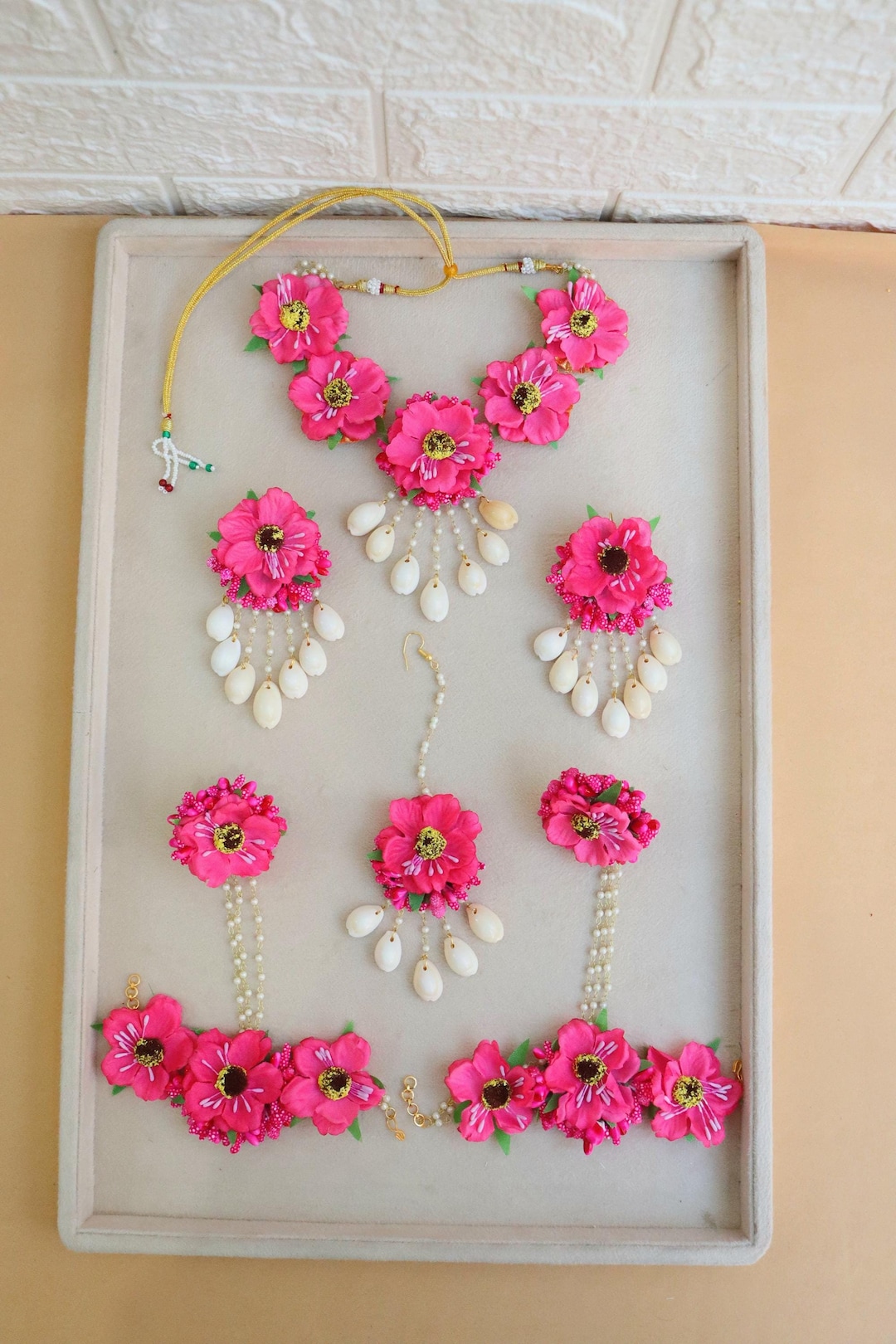 Pink Haldi Floral Shells Jewelry Set Pink Sunflower Shells Jewelry Set ...