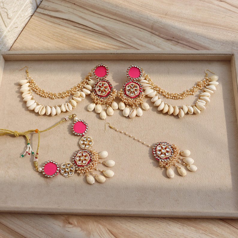 Haldi Kundan Shells Jewelry Set Green Bridal Shells Jewelry for Haldi ...