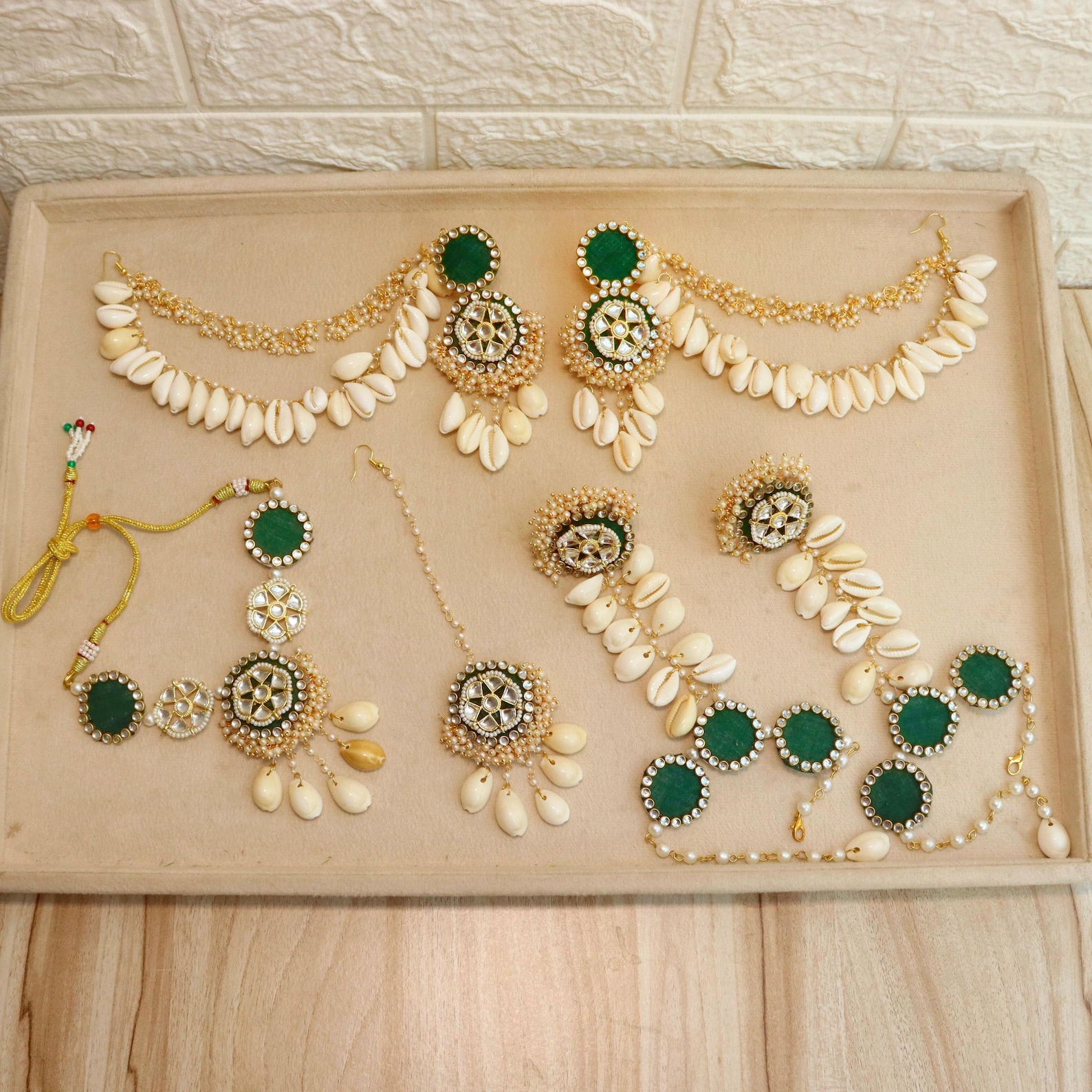 Haldi Kundan Shells Jewelry Set Green Bridal Shells Jewelry for Haldi ...