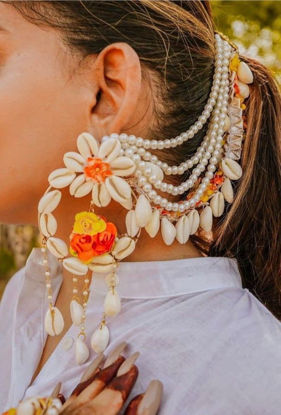 Haldi Floral Cowrie Shells Earrings With Strings Haldi Floral Cowrie ...