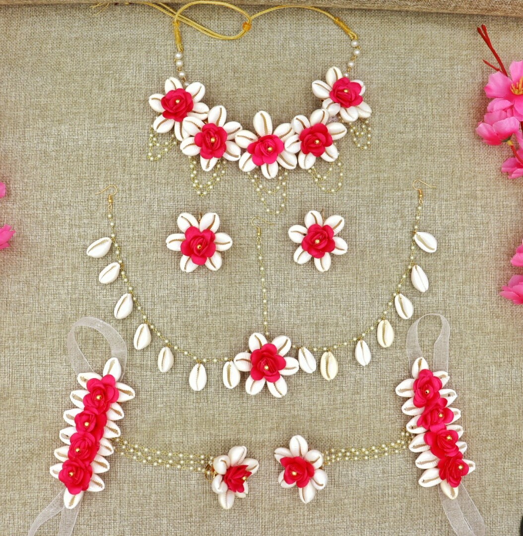 Red Bridal Shells Haldi Floral Jewelry Mehendi Floral Shells Jewelry ...