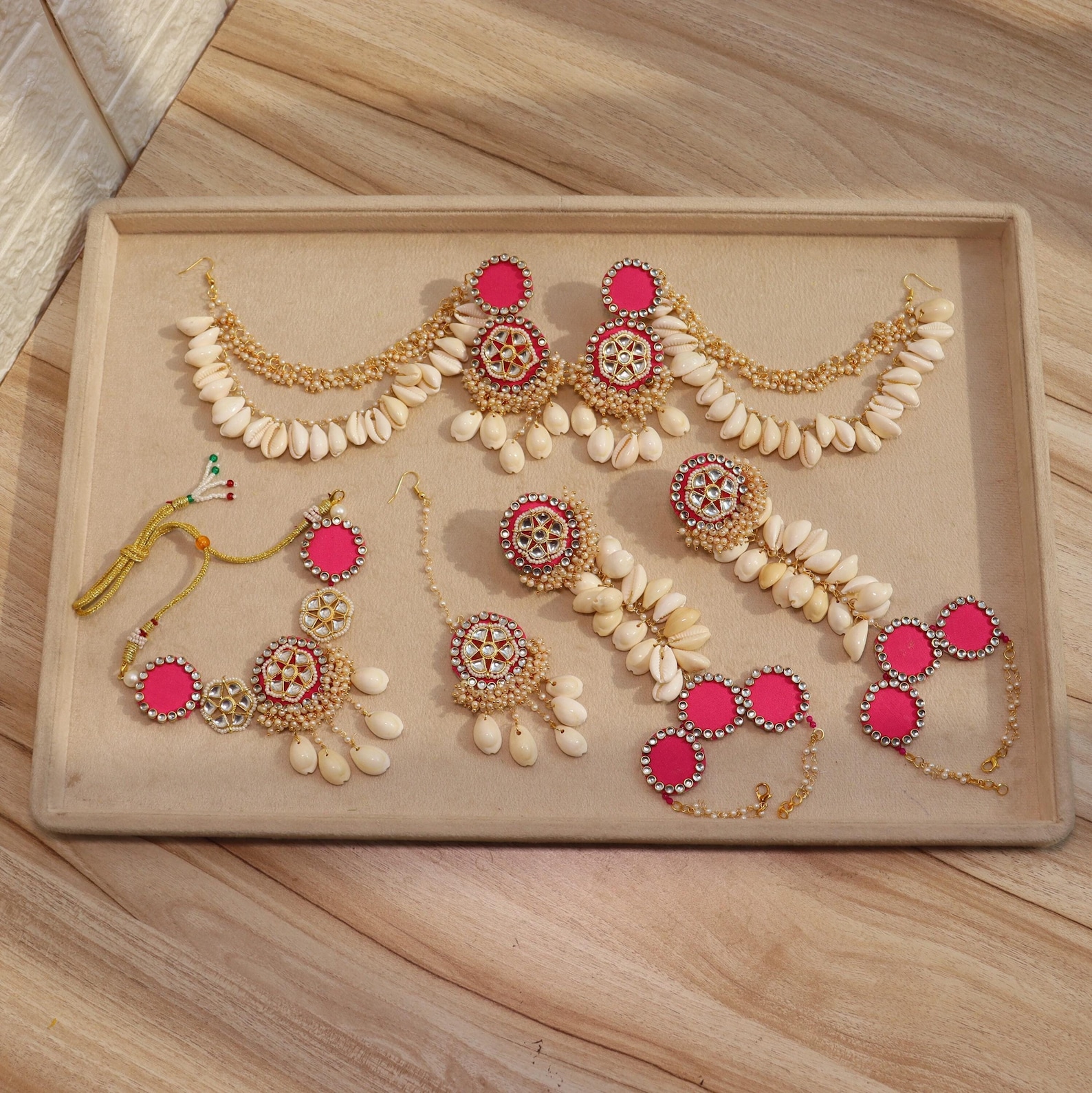 Haldi Kundan Shells Jewelry Set Green Bridal Shells Jewelry for Haldi ...