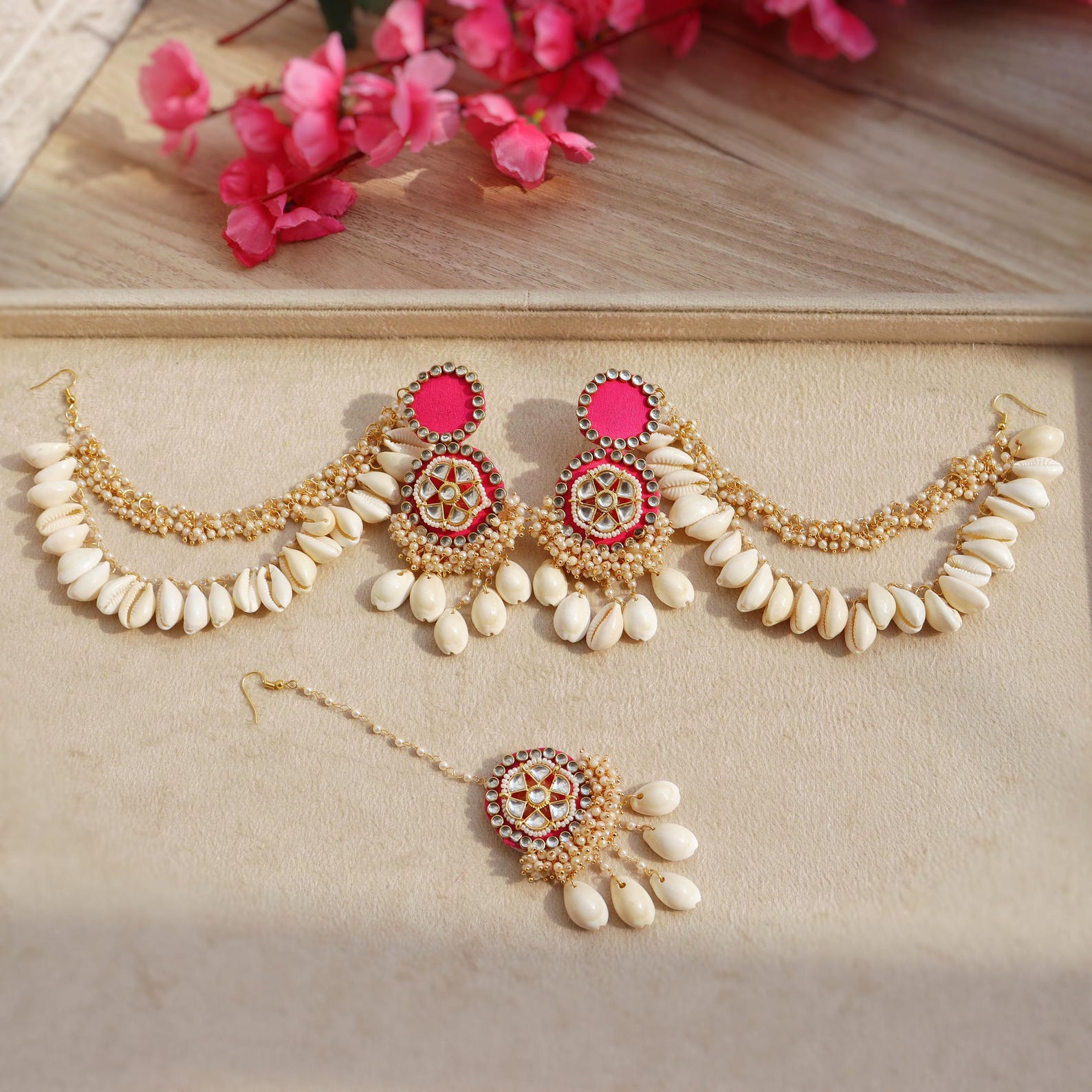 Haldi Kundan Shells Jewelry Set Green Bridal Shells Jewelry for Haldi ...