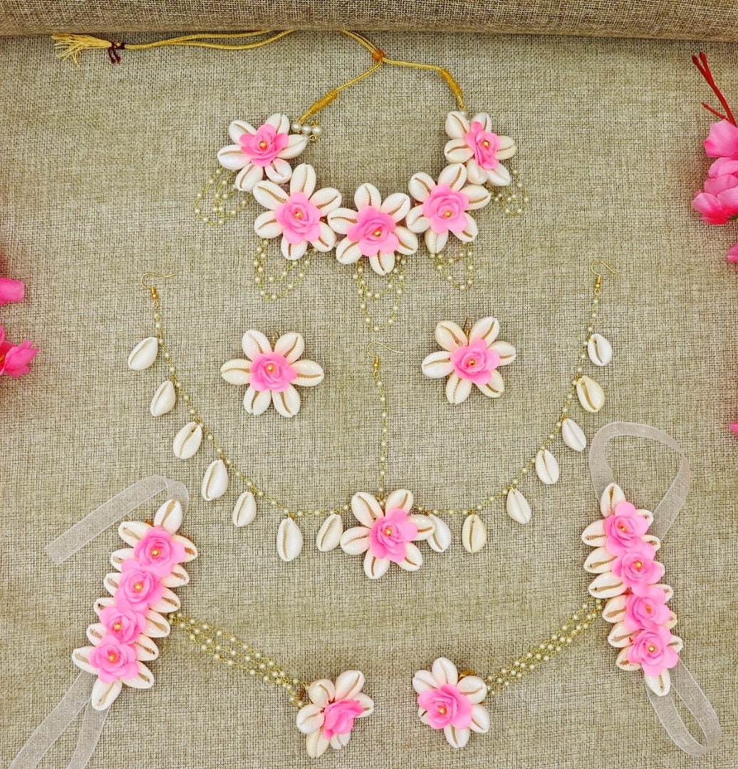 Red Bridal Shells Haldi Floral Jewelry Mehendi Floral Shells Jewelry ...