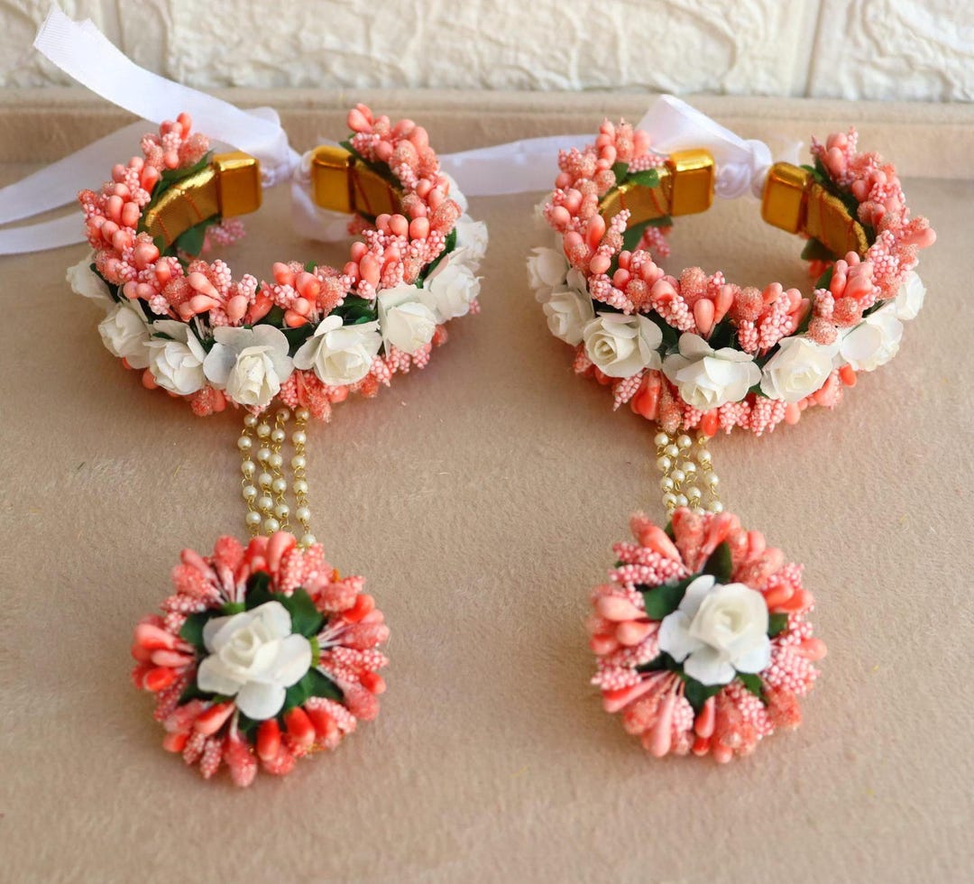 Pink and White HALDI FLORAL BANGLES Bridal Floral Haathful Bangles Bulk ...