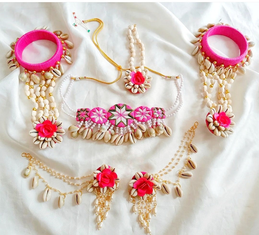Bridal Handicraft Cowrie Shell Jewelry Set Handmade Pink Mirror Jewelry ...